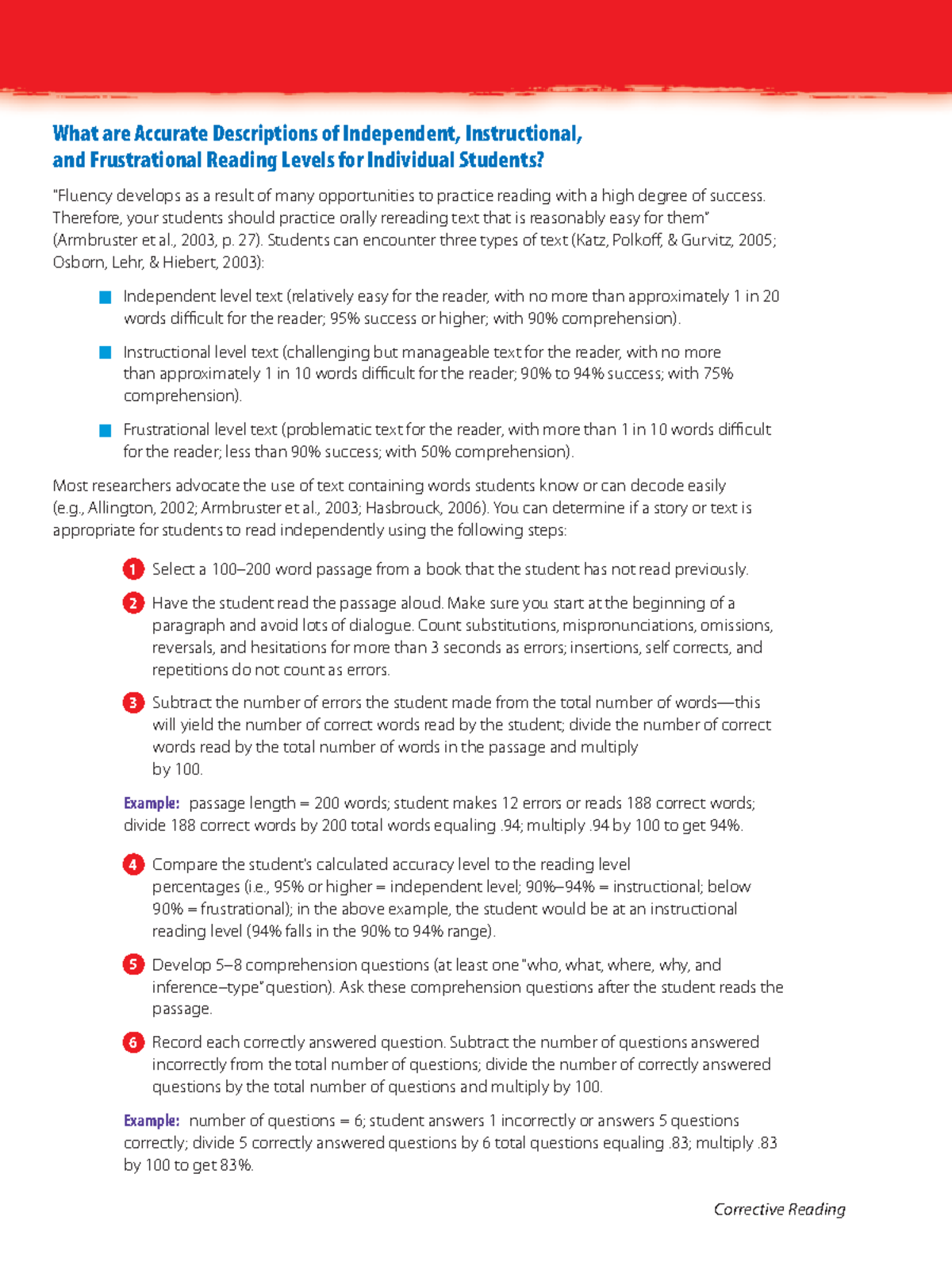 Corrective reading independent instructional frustrational reading ...