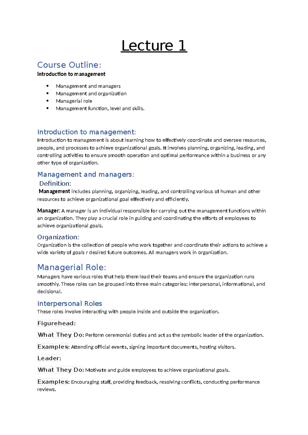 Lecture 1 POM - hand writen - Lecture 1 Course Outline: Introduction to management Management ...