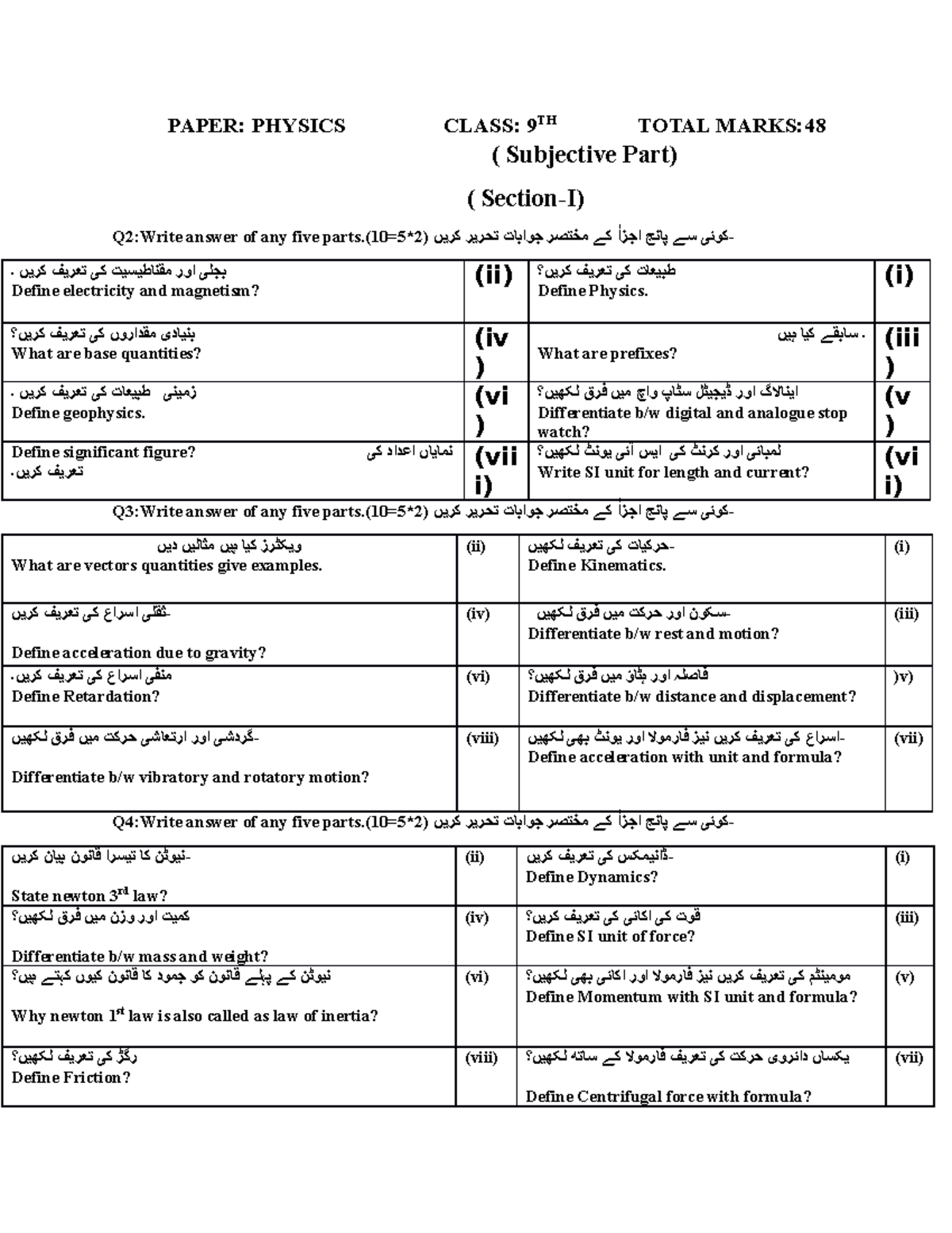 فزکس - NOTHING - PAPER: PHYSICS CLASS: 9TH TOTAL MARKS: ( Subjective ...