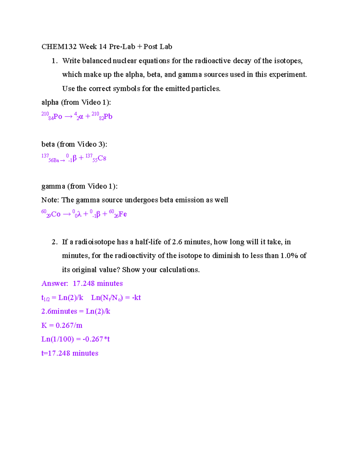 CHEM132 Week 14 Pre-Lab + Post Lab - CHEM132 Week 14 Pre-Lab + Post Lab ...