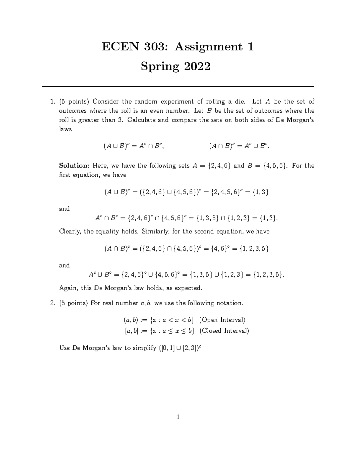 ECEN 303 Homework one - ECEN 303: Assignment 1 Spring 2022 (5 points) Consider the random ...