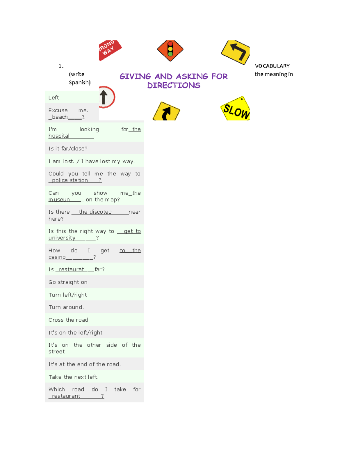 Giving and asking directions A1 - 1. VOCABULARY (write the meaning in ...