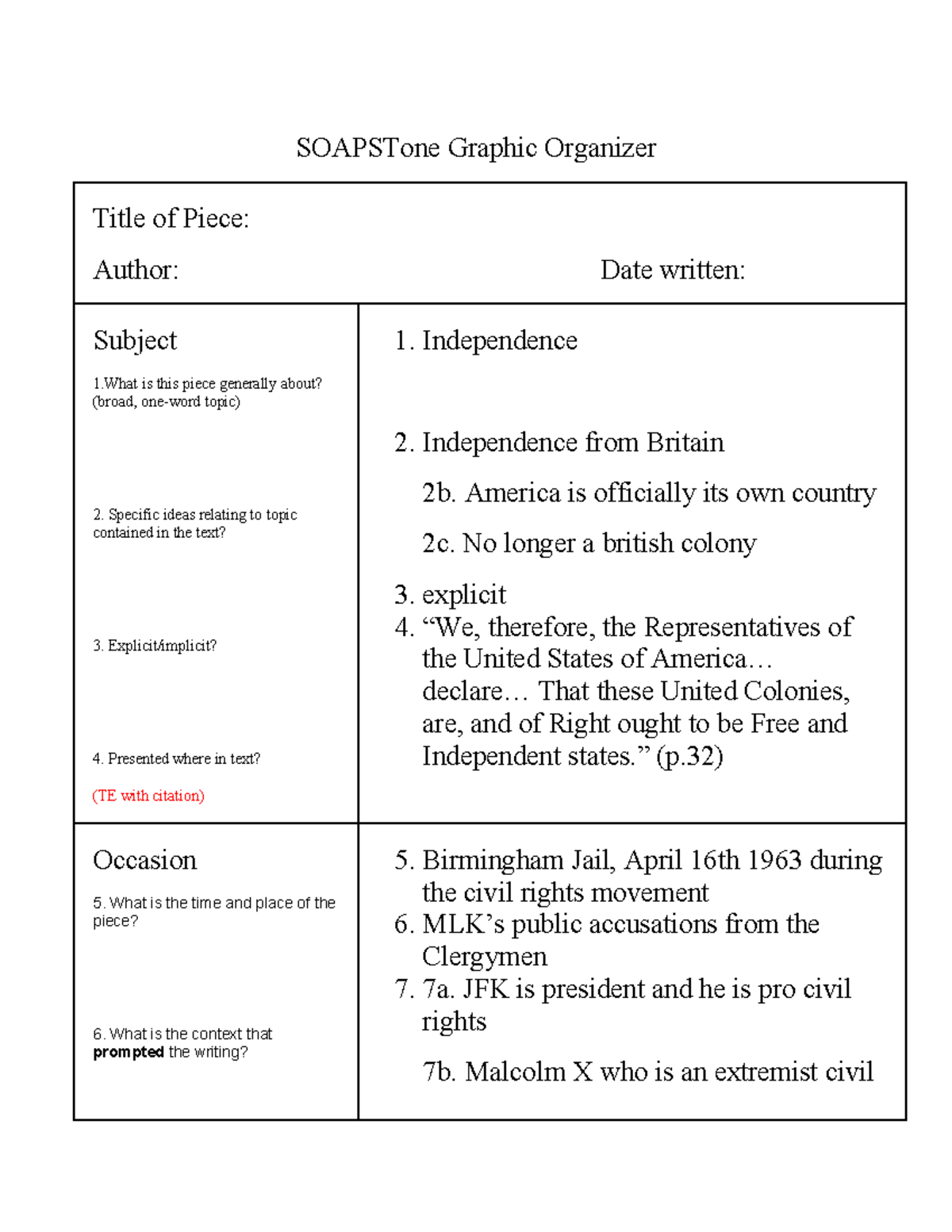 Soapstone Graphic Organizer - SOAPSTone Graphic Organizer Title of ...