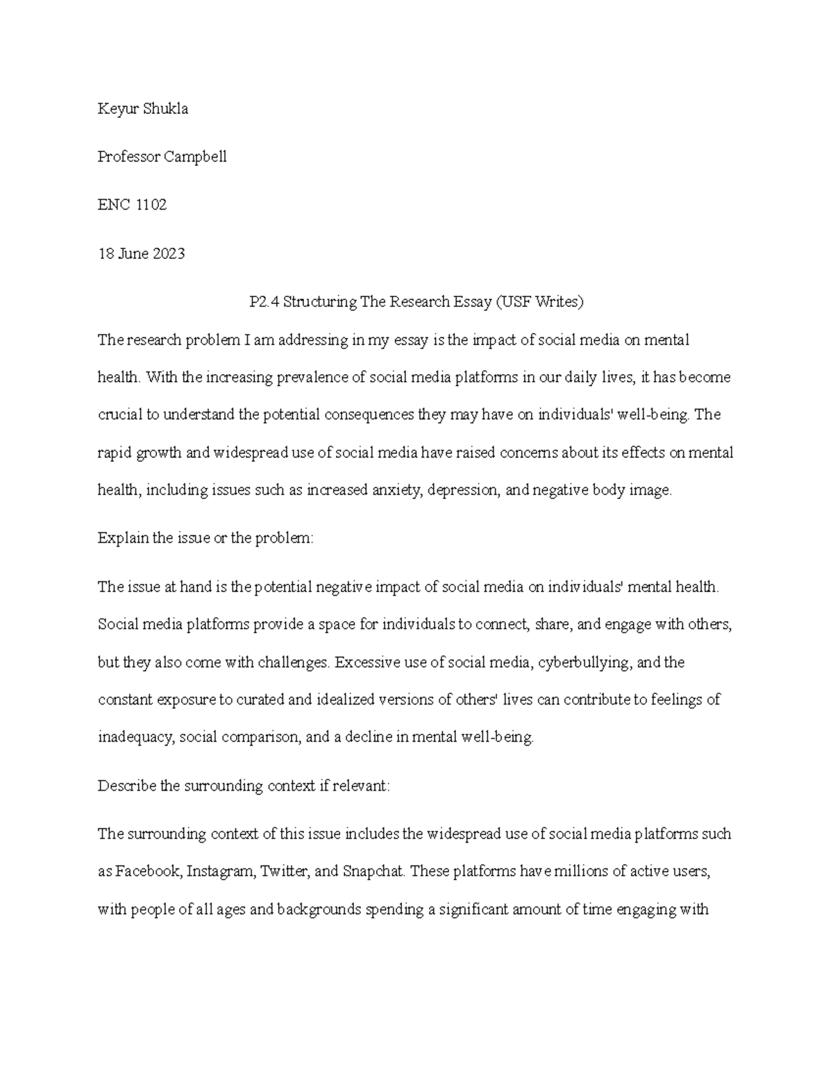 P2.4 Structuring The Research Essay (USF Writes) - Keyur Shukla ...