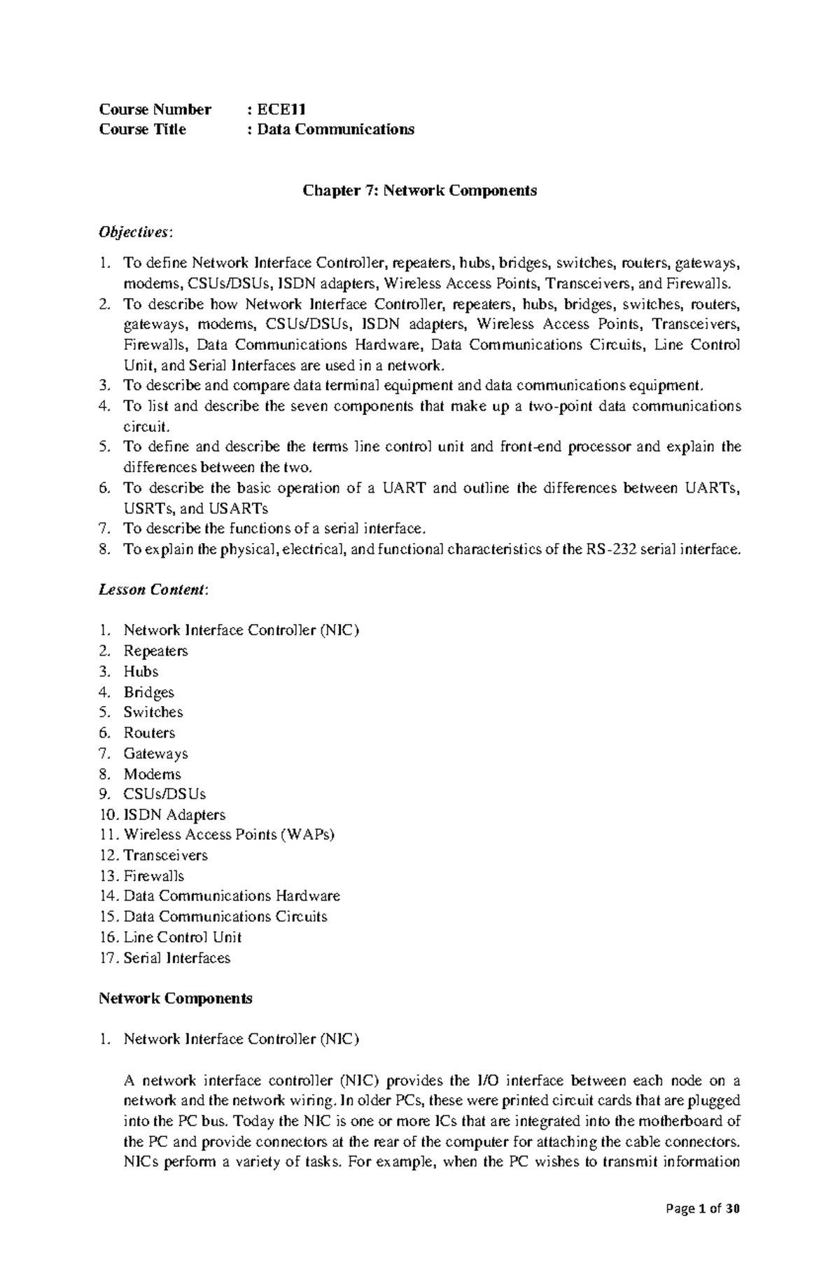 Network Components - Course Number : ECE Course Title : Data ...
