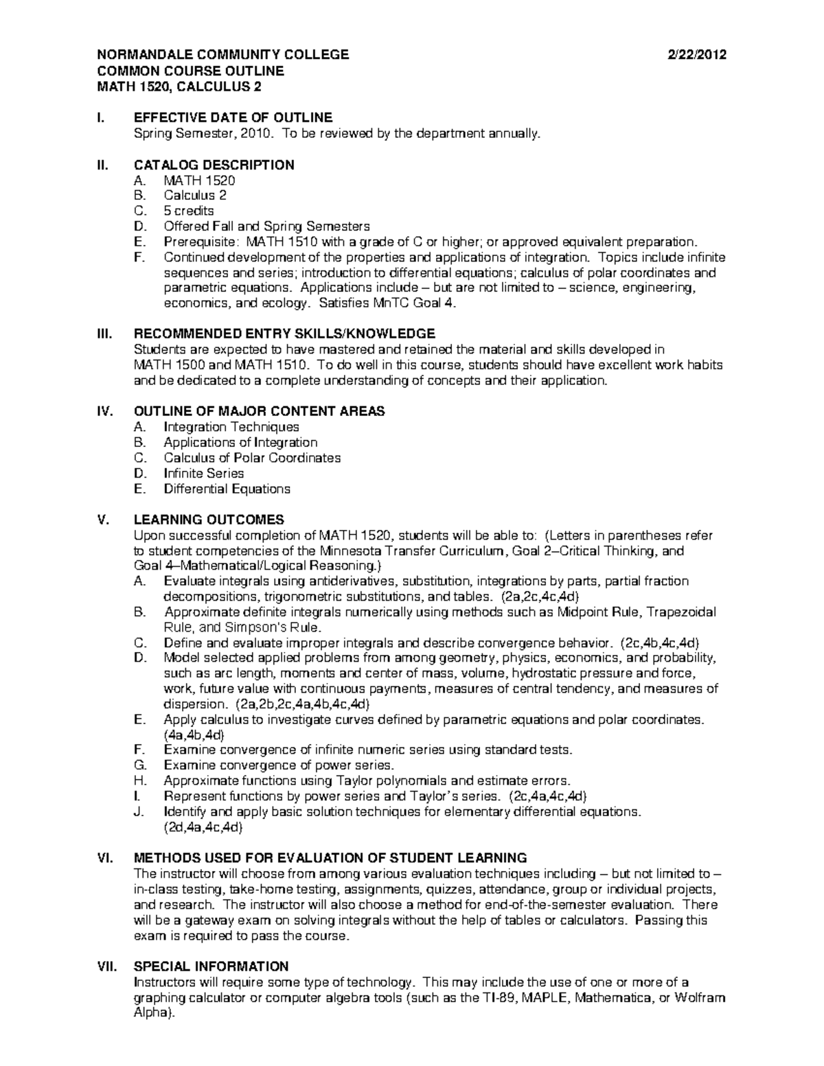 MATH-1520 - calculus 1 - NORMANDALE COMMUNITY COLLEGE 2/22/ COMMON ...