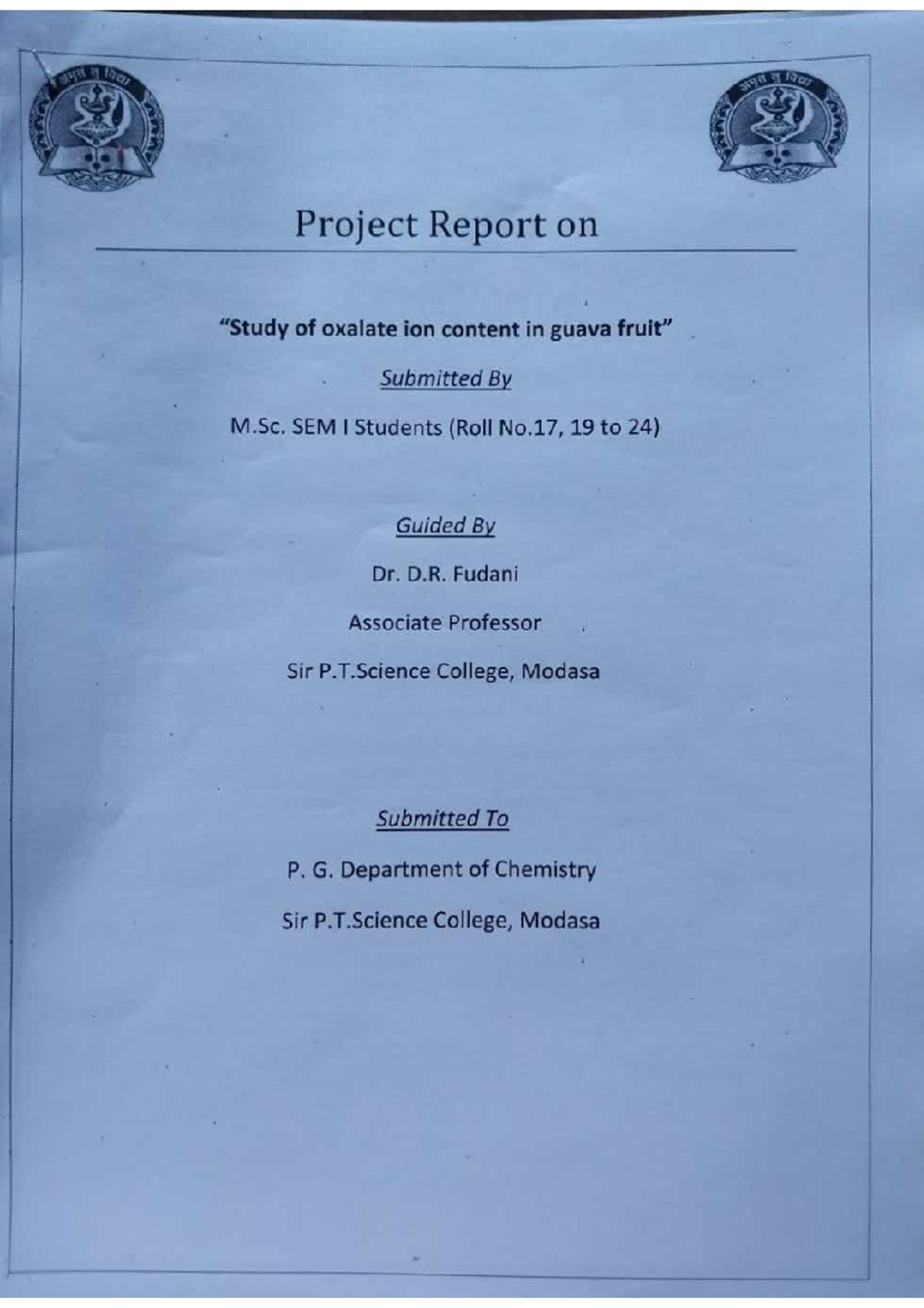 M - Msc - and RY per MYRE RY that Project Report on of oxalate ion ...