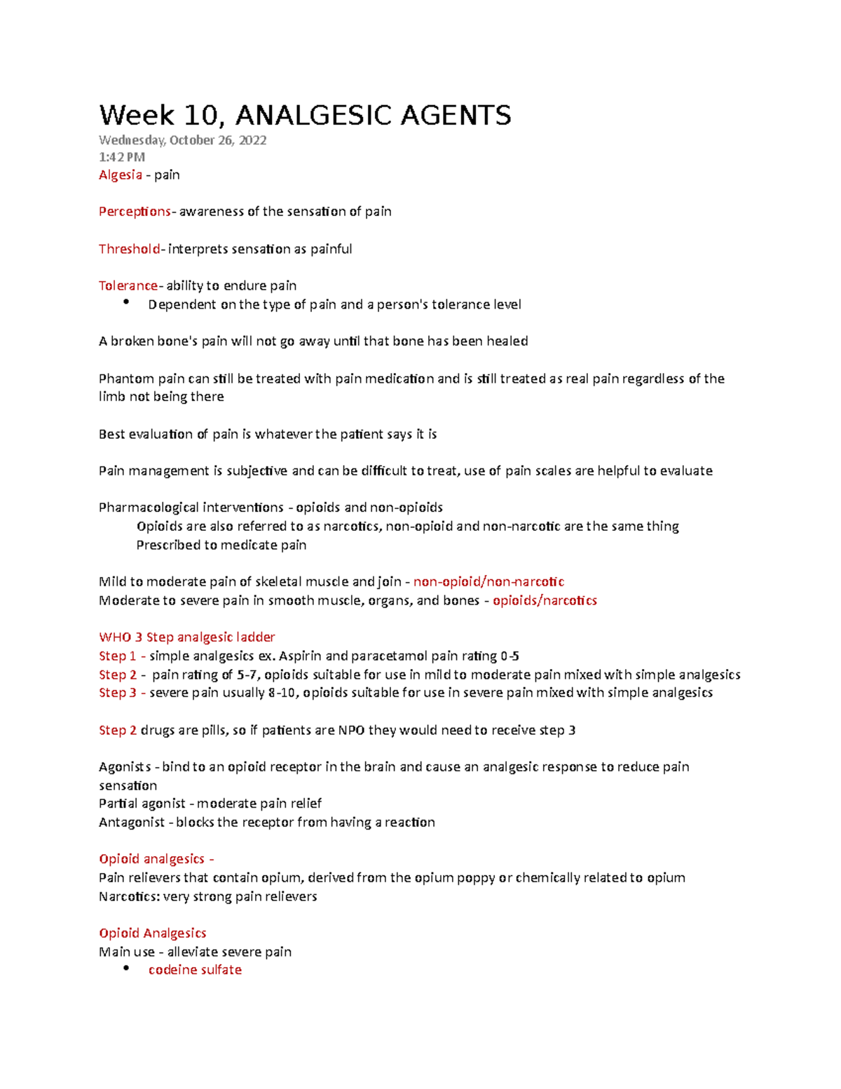 Week 10, Analgesic Agents - Week 10, ANALGESIC AGENTS Wednesday ...