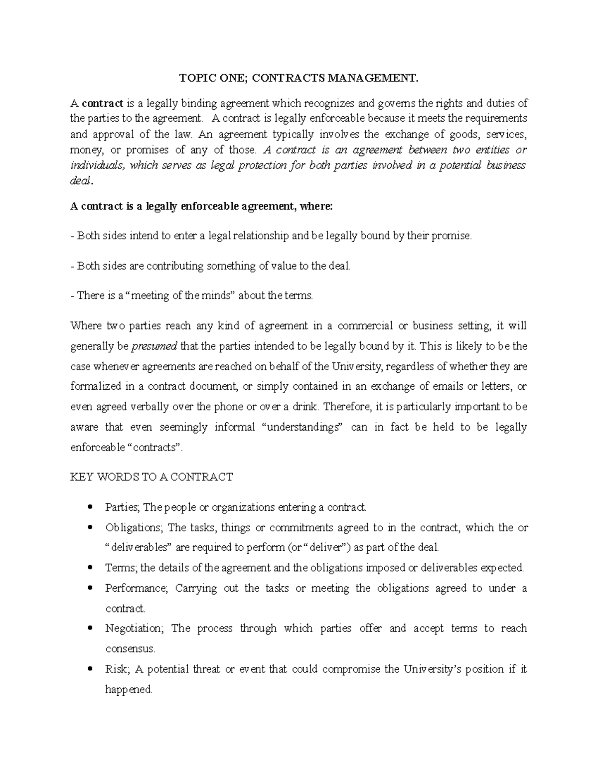 Topic 1 contracts management - TOPIC ONE; CONTRACTS MANAGEMENT. A ...