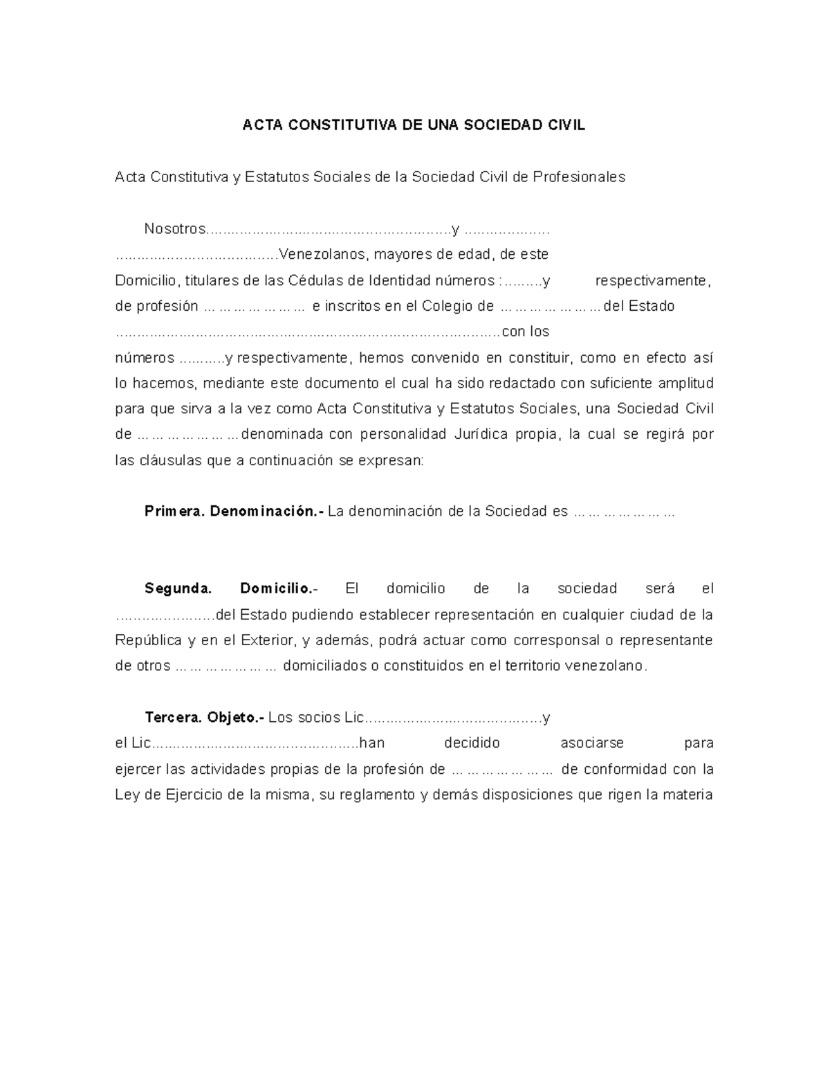 Acta constitutiva de una sociedad civil - ACTA CONSTITUTIVA DE UNA SOCIEDAD CIVIL Acta ...