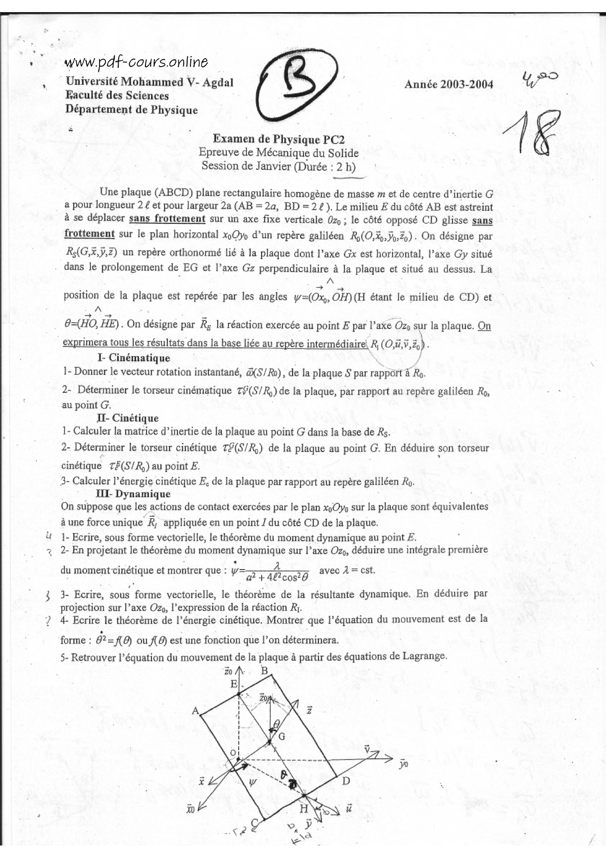Exam mecanique solide 2003-2004 - Mecanique de Solide - Studocu