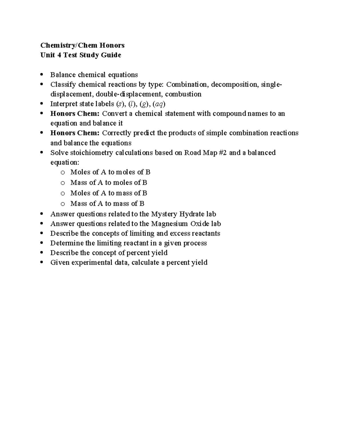 22 Study Guide - Chemistry/Chem Honors Unit 4 Test Study Guide Balance ...