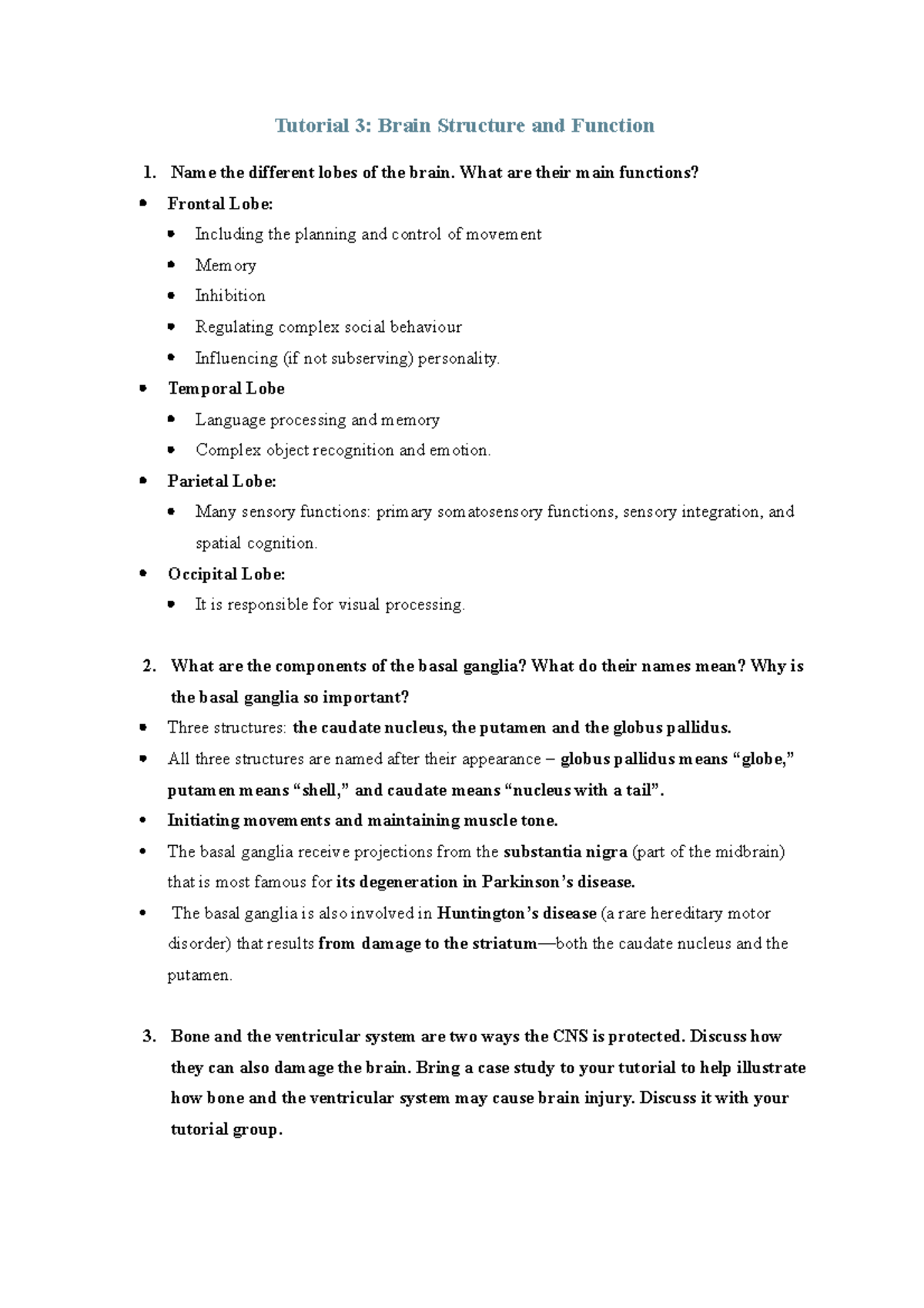 Tutorial 3 Q A - practice questions - Tutorial 3: Brain Structure and ...