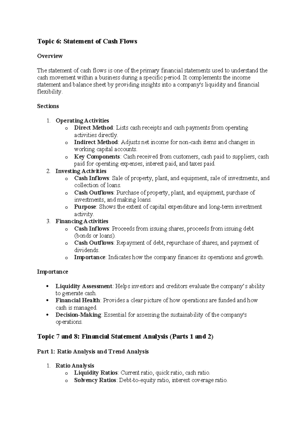 Acct1101 revision notes - Topic 6: Statement of Cash Flows Overview The ...