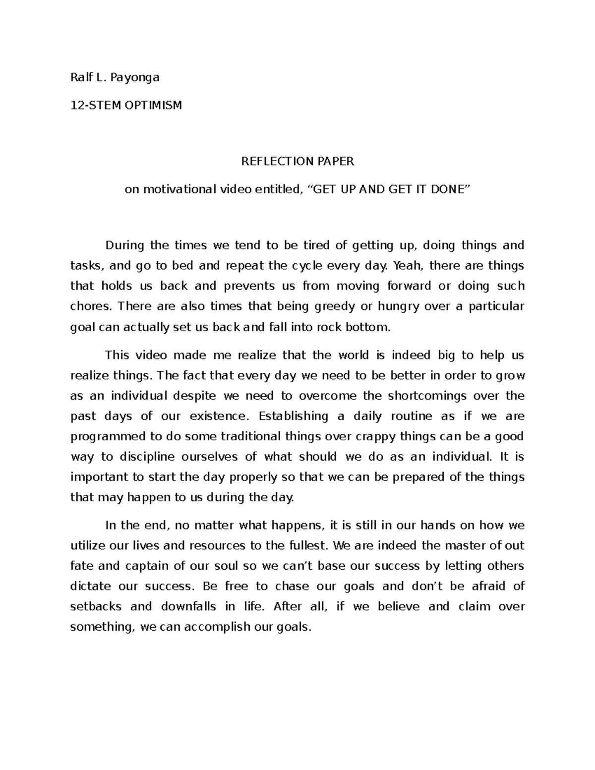 Reflection - jkhkjhjkhk - Ralf L. Payonga 12-STEM OPTIMISM REFLECTION ...