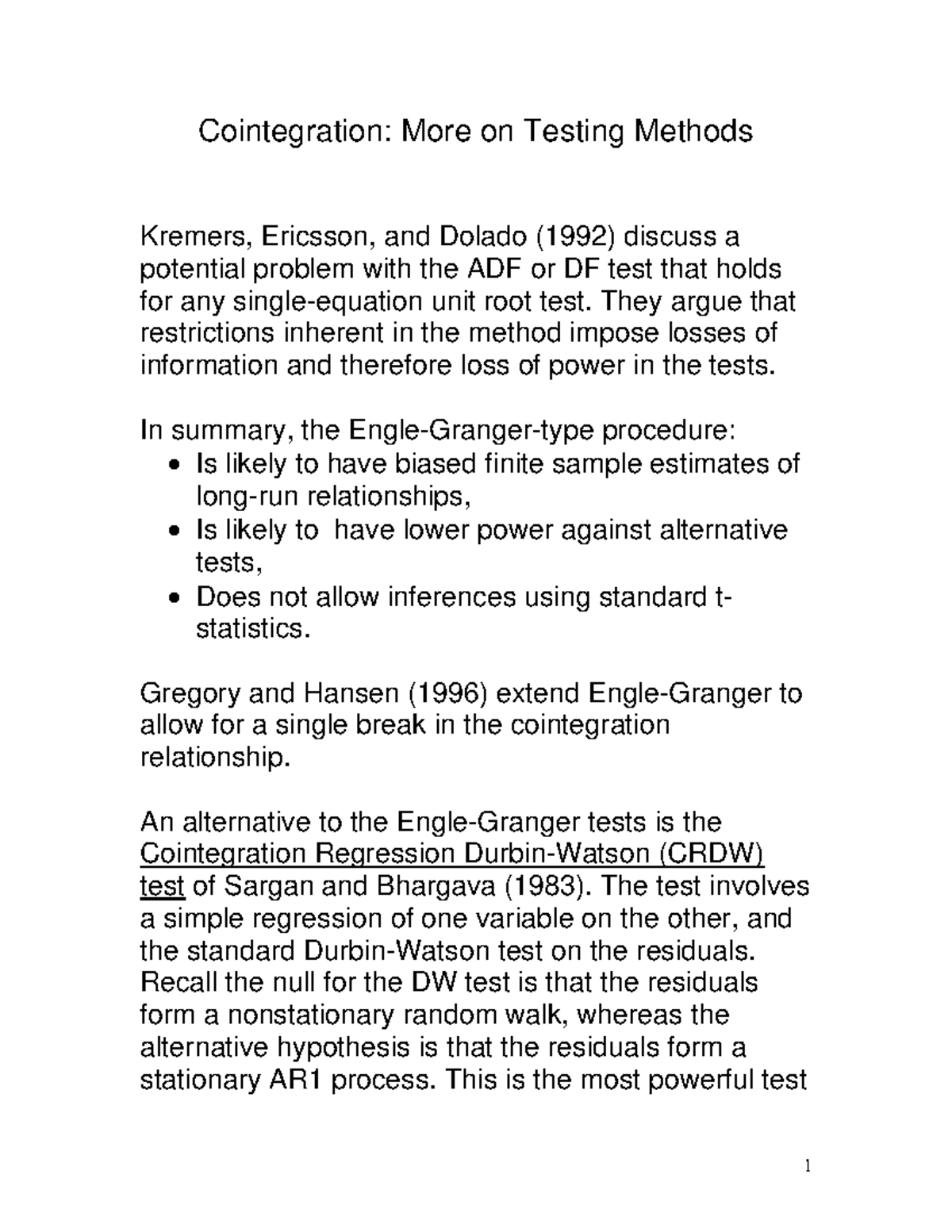 Cointegration more on testing methods - Cointegration: More on Testing ...