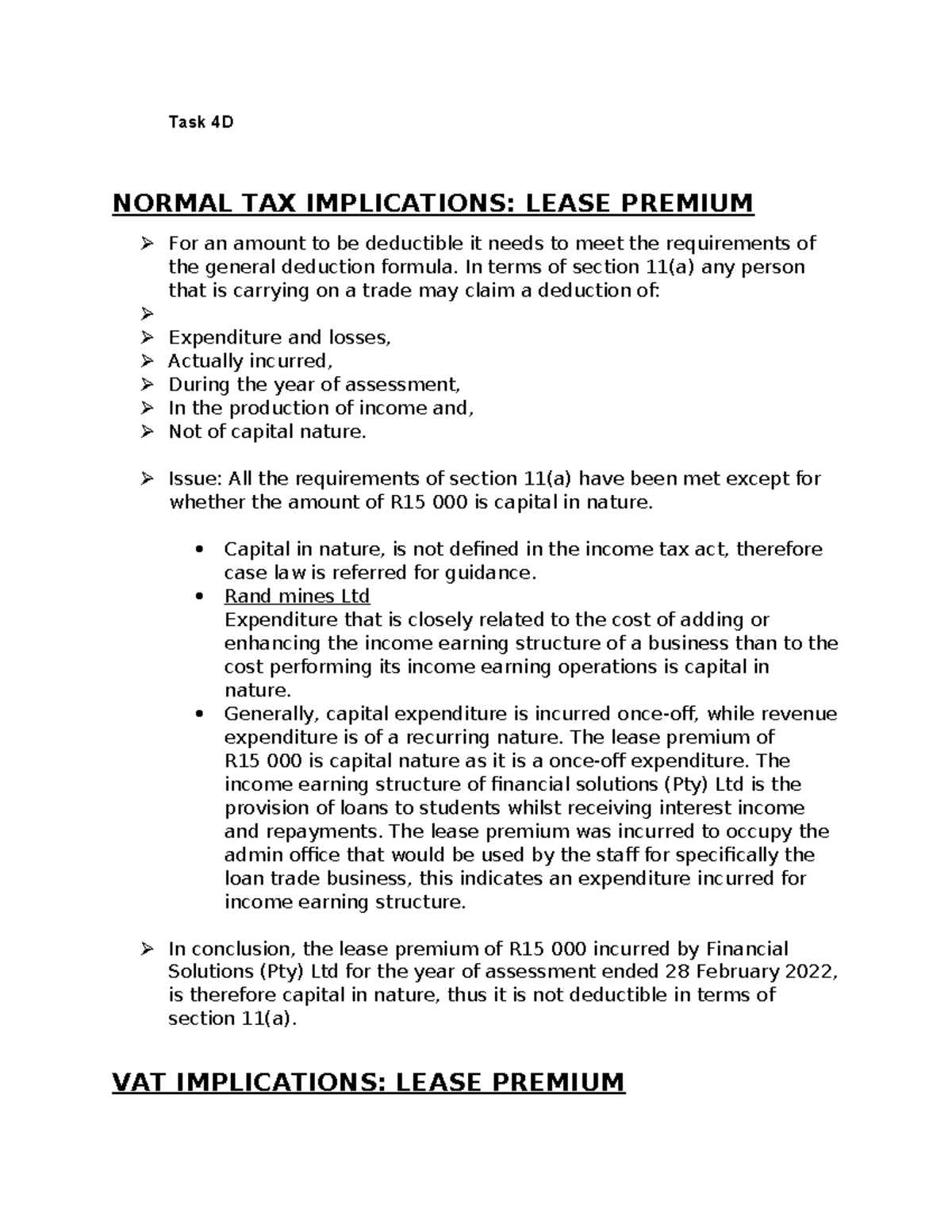 Task 4D - Task 4D NORMAL TAX IMPLICATIONS: LEASE PREMIUM For an amount ...
