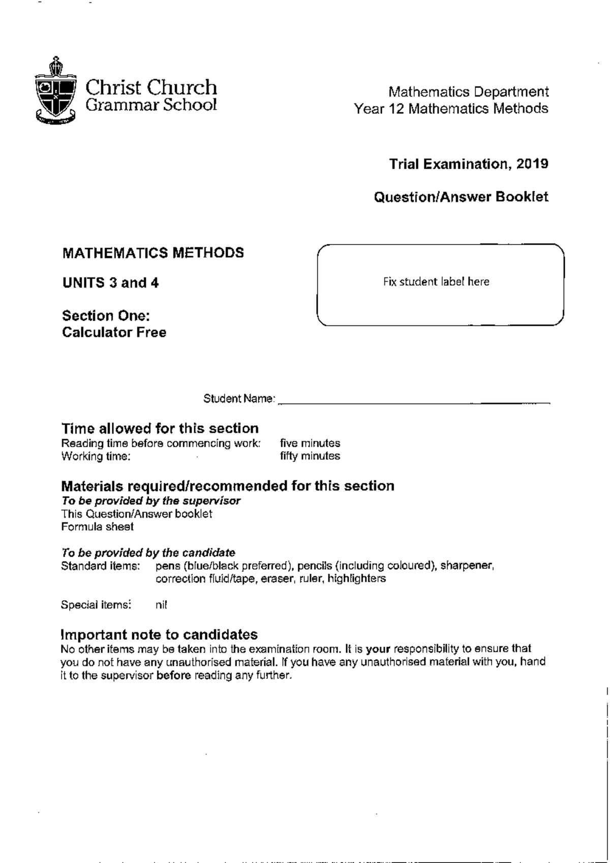 2019 Methods Yr12 Mock Exam + Solutions - Christ Church Mathematics ...
