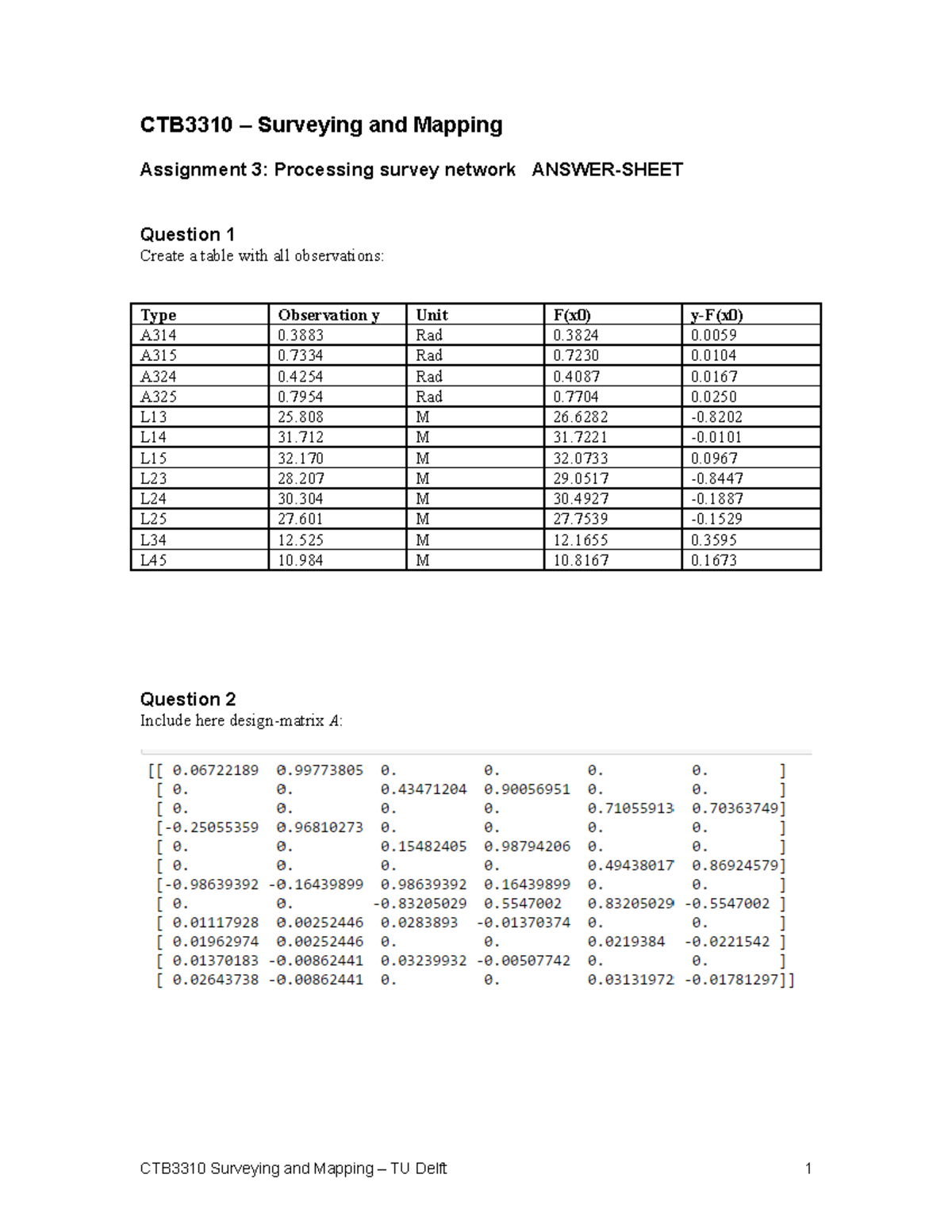 Ass3 - Assignment 3: Processing survey network - CTB3310 – Surveying and Mapping Assignment 3 ...