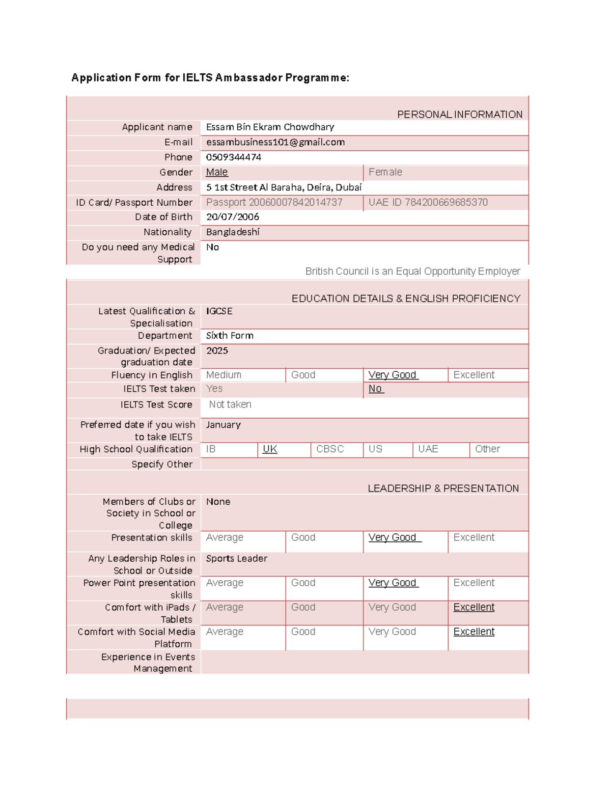 Application Form ( Ielts Ambassador Programme 2023-24) Filled ...