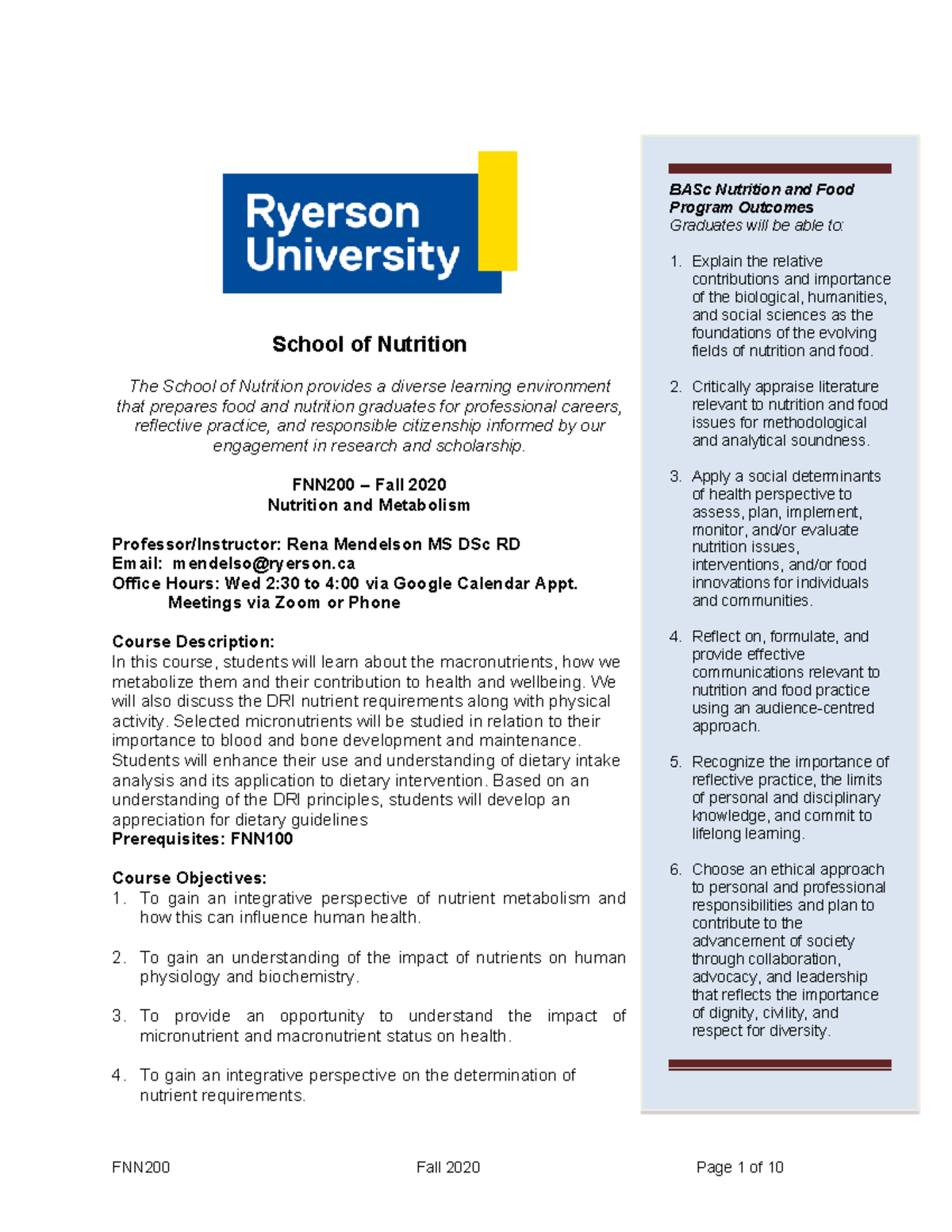 FNN200 - Outline - School of Nutrition The School of Nutrition provides ...