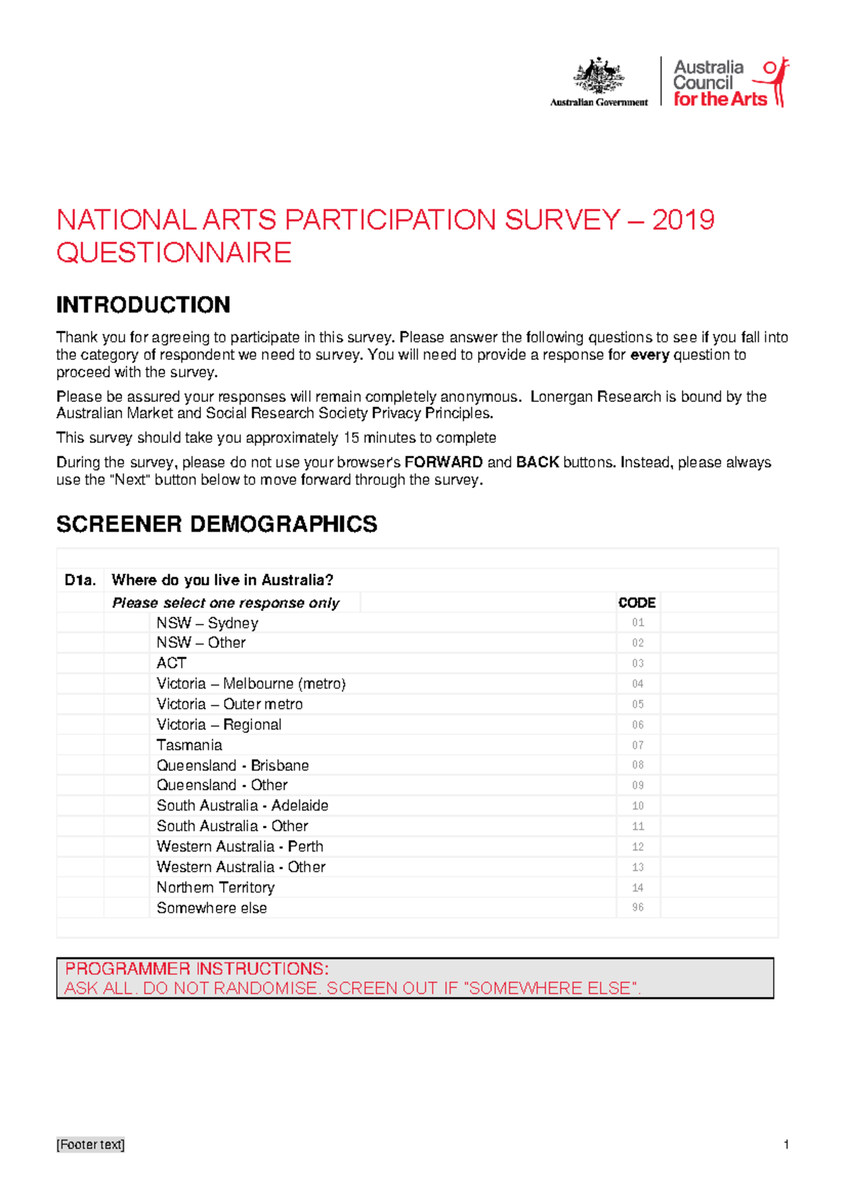 Questionnaire for the National Arts Participation Survey - NATIONAL ...