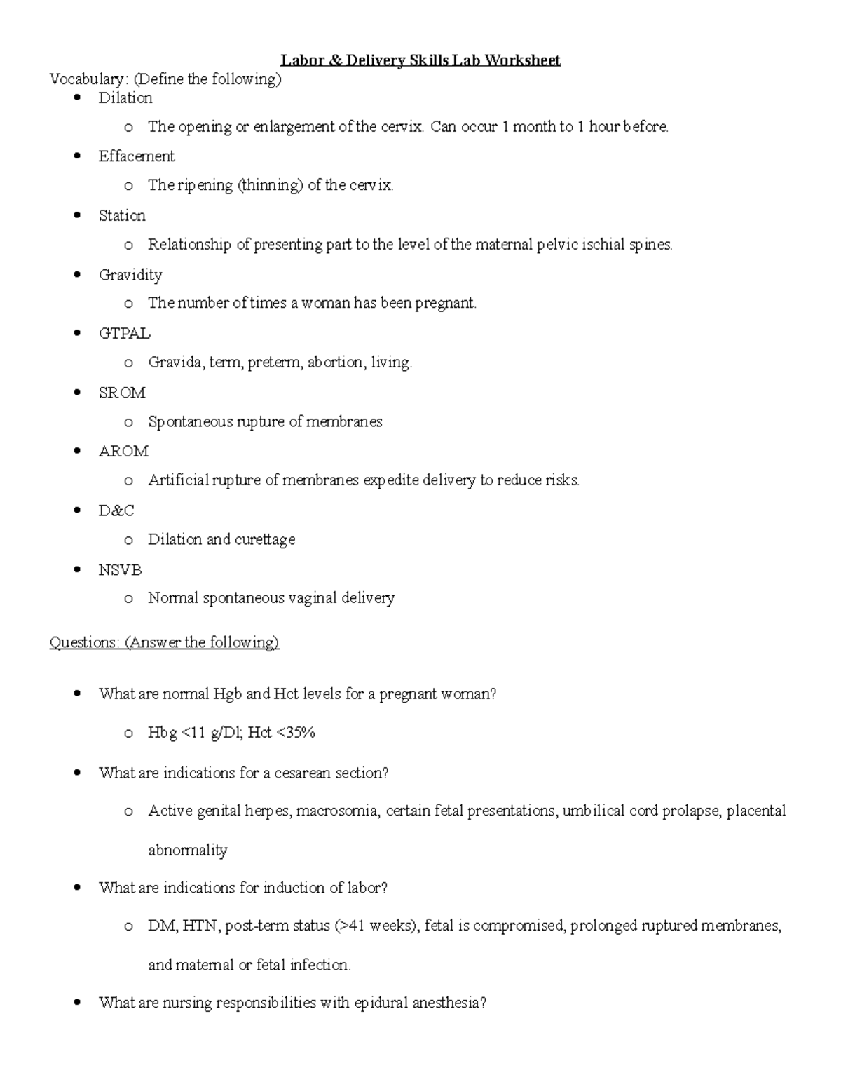 NUR 158 MN Skills Lab Assignments - Labor & Delivery Skills Lab ...