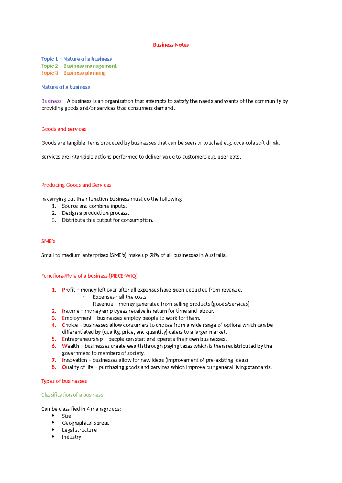 Business Study Notes - Business Notes Topic 1 – Nature of a business ...