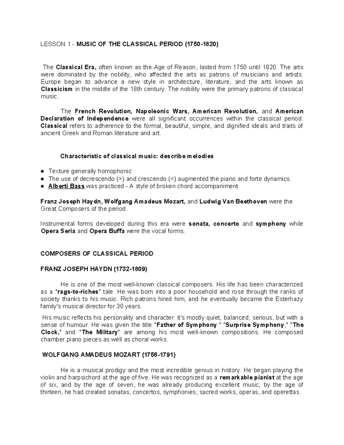 Lesson-1-Music - reviewer - LESSON 1 - MUSIC OF THE CLASSICAL PERIOD ...