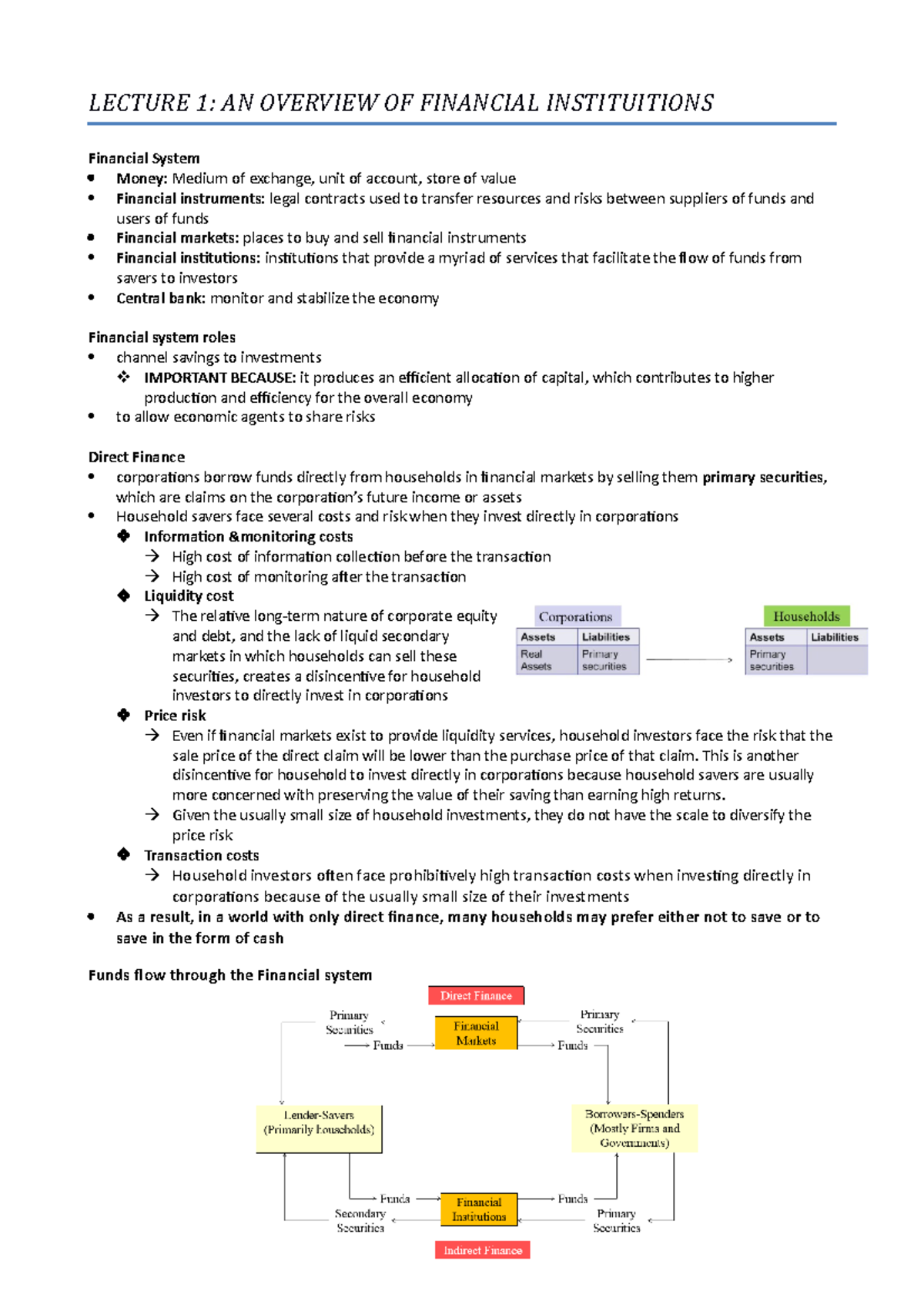 FINS3630 notes - LECTURE 1: AN OVERVIEW OF FINANCIAL INSTITUITIONS ...