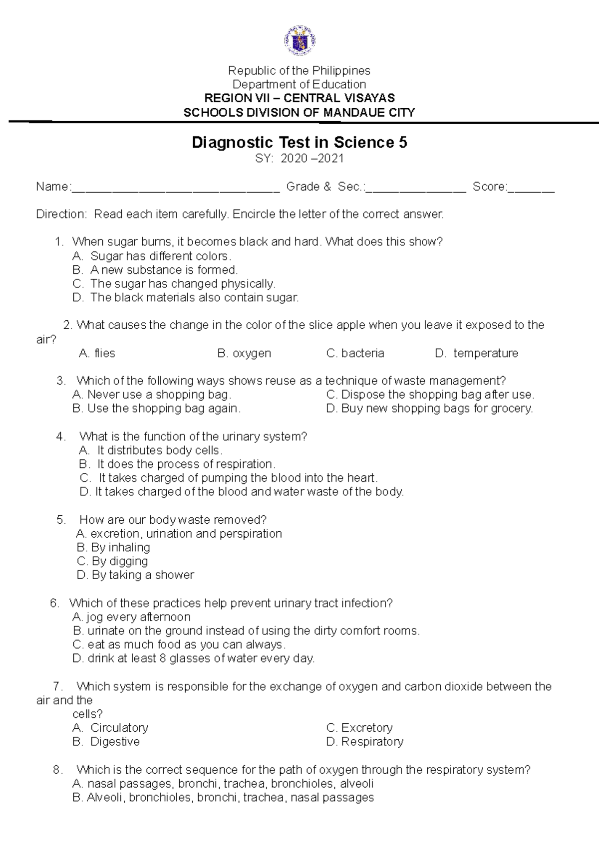 Grade 5 Diagnostic Test 1 Republic Of The Philippines Department Of 