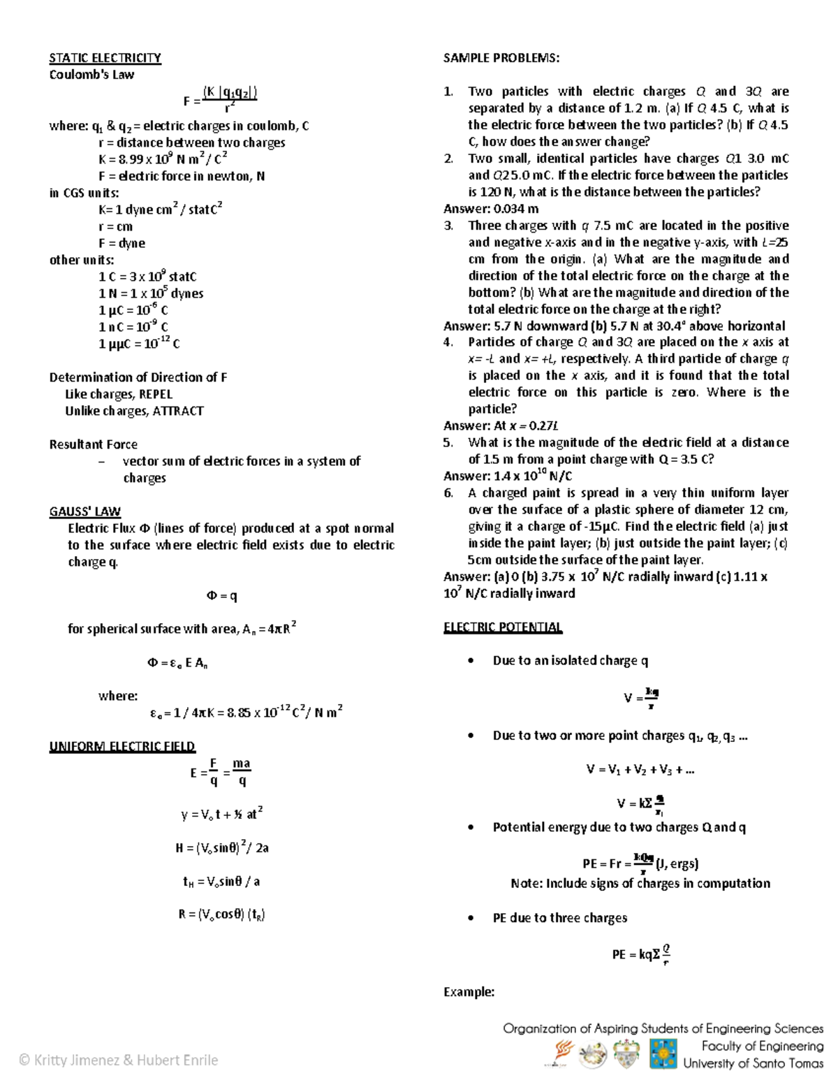 238705403 Physics II Finals Reviewer - STATIC ELECTRICITY Coulomb's Law F = (K |q 1 q 2 |) r 2 ...