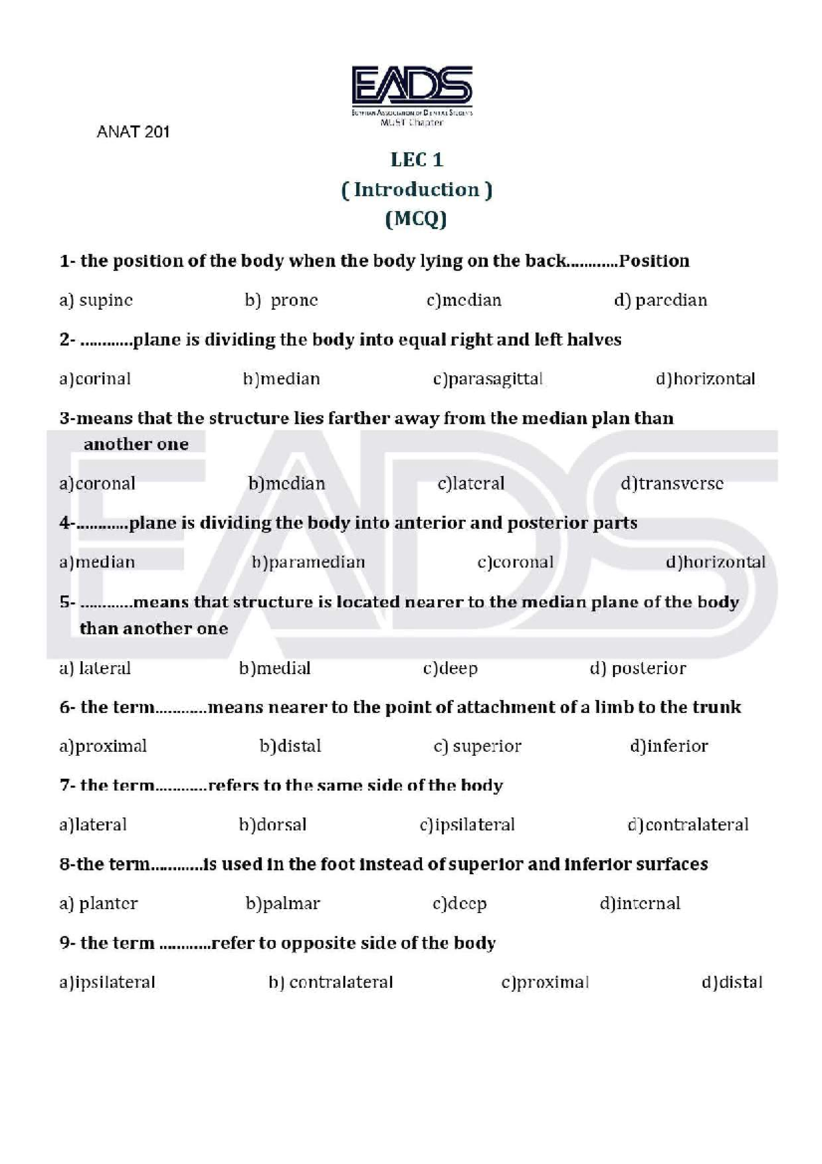 ANAT201 QUIZ 1 (EADS) - a practice materials for anatomy - General ...
