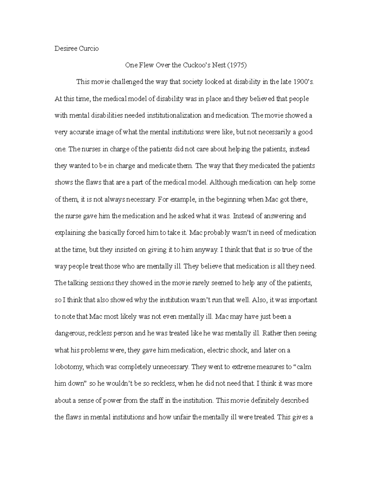 One Flew Over the Cuckoo's Nest - Desiree Curcio One Flew Over the ...
