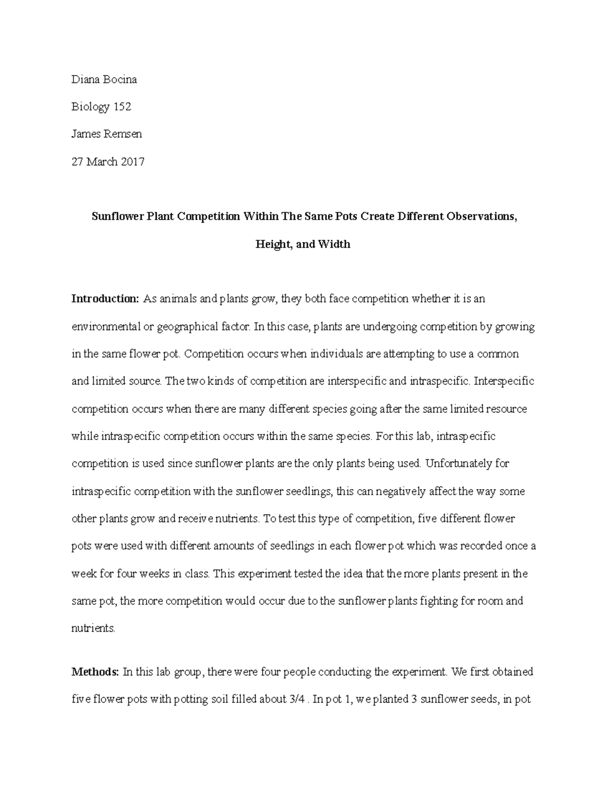 Bio 152 LR - Sunflower Plant Competition - Diana Bocina Biology 152 ...