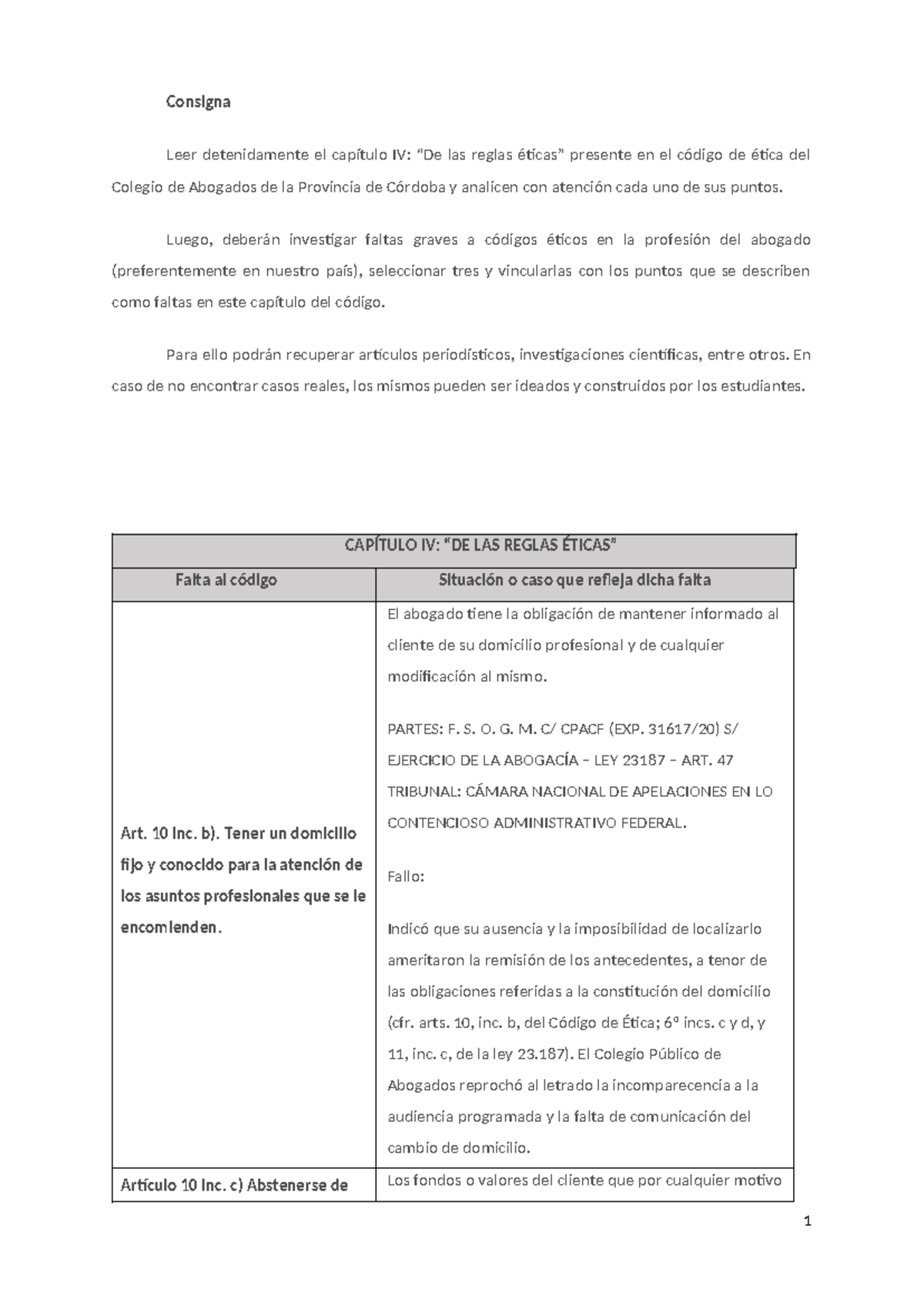 TP 4- Ética y Deontología Profesional - Consigna Leer detenidamente el capítulo IV: “De las ...