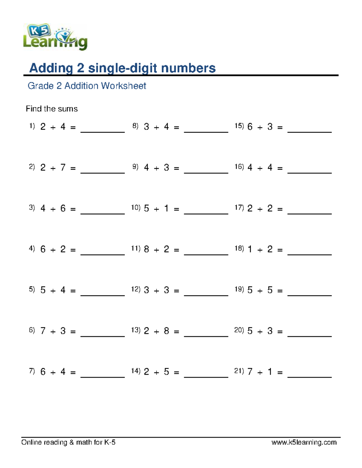 Grade 2 adding 2 numbers sum under 10 e - Online reading & math for K-5 ...