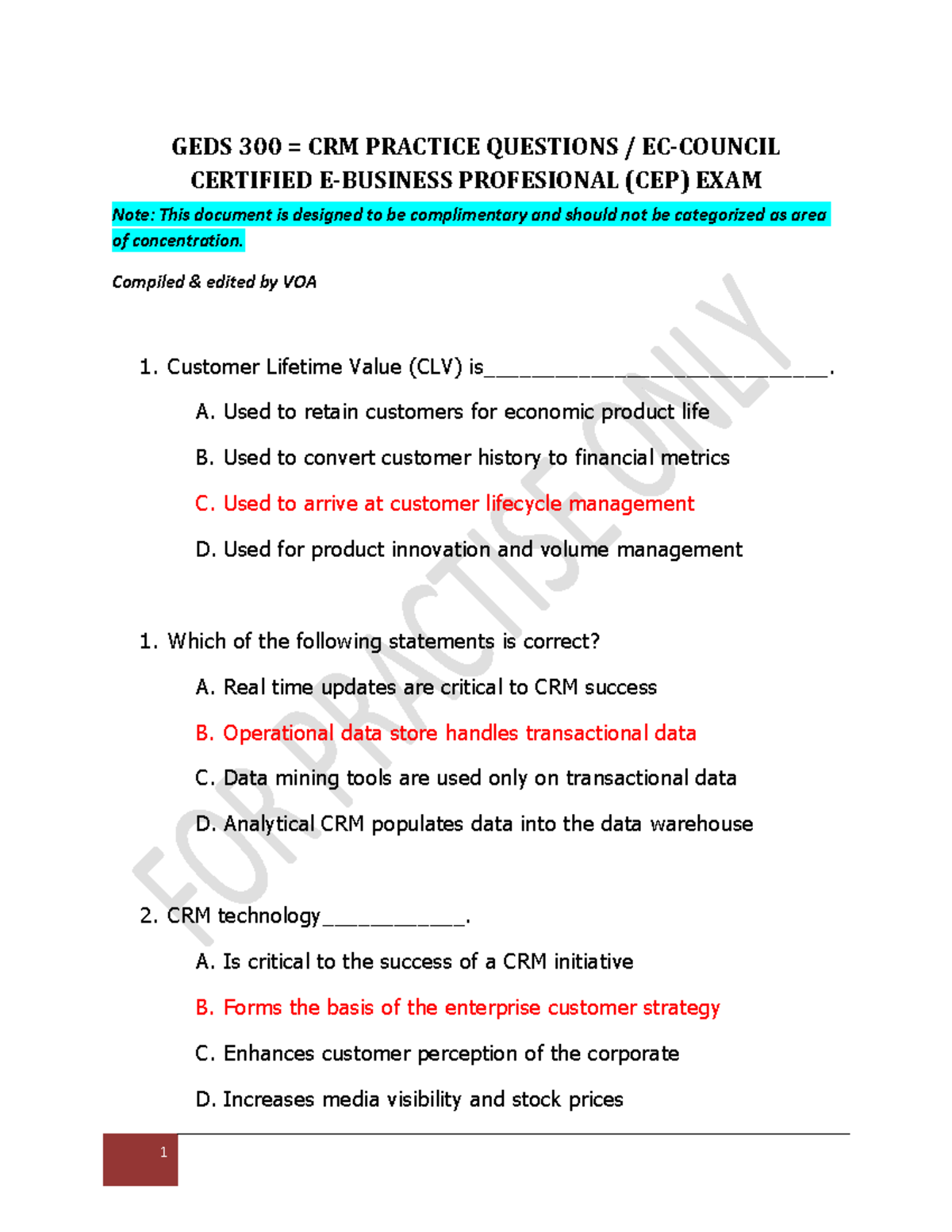 CRM 300 Practise Questions-1 - GEDS 300 = CRM PRACTICE QUESTIONS / EC ...