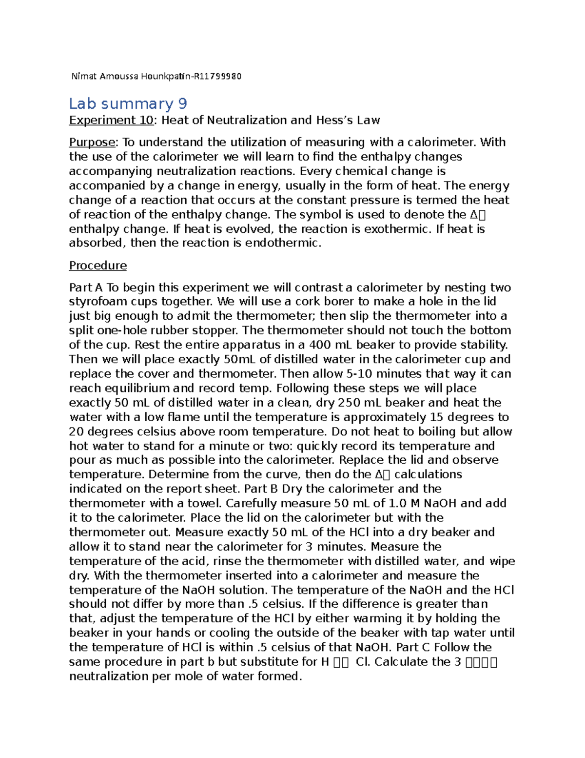 Lab summary 9 and 10 - Lab summaries - Nimat Amoussa Hounkpatin-R Lab summary 9 Experiment 10 ...