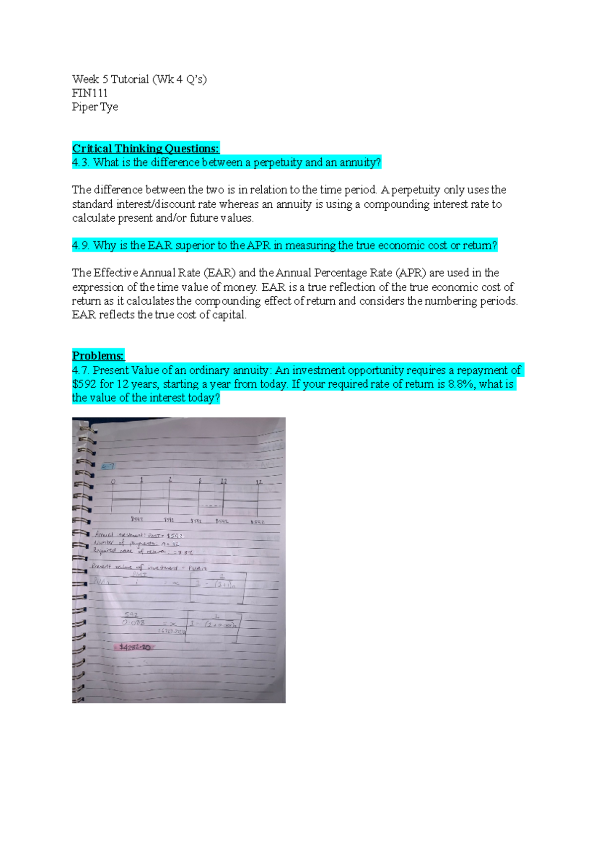 Week 4 Questions - Week 4 Tute - Week 5 Tutorial (Wk 4 Q’s) FIN Piper ...