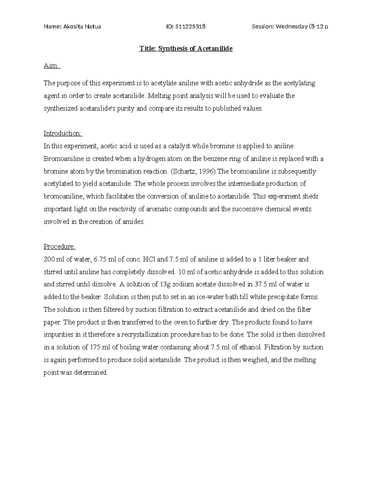 CH201 Acetanilide Lab Report- Akosita Natua (S11225318) - Title ...
