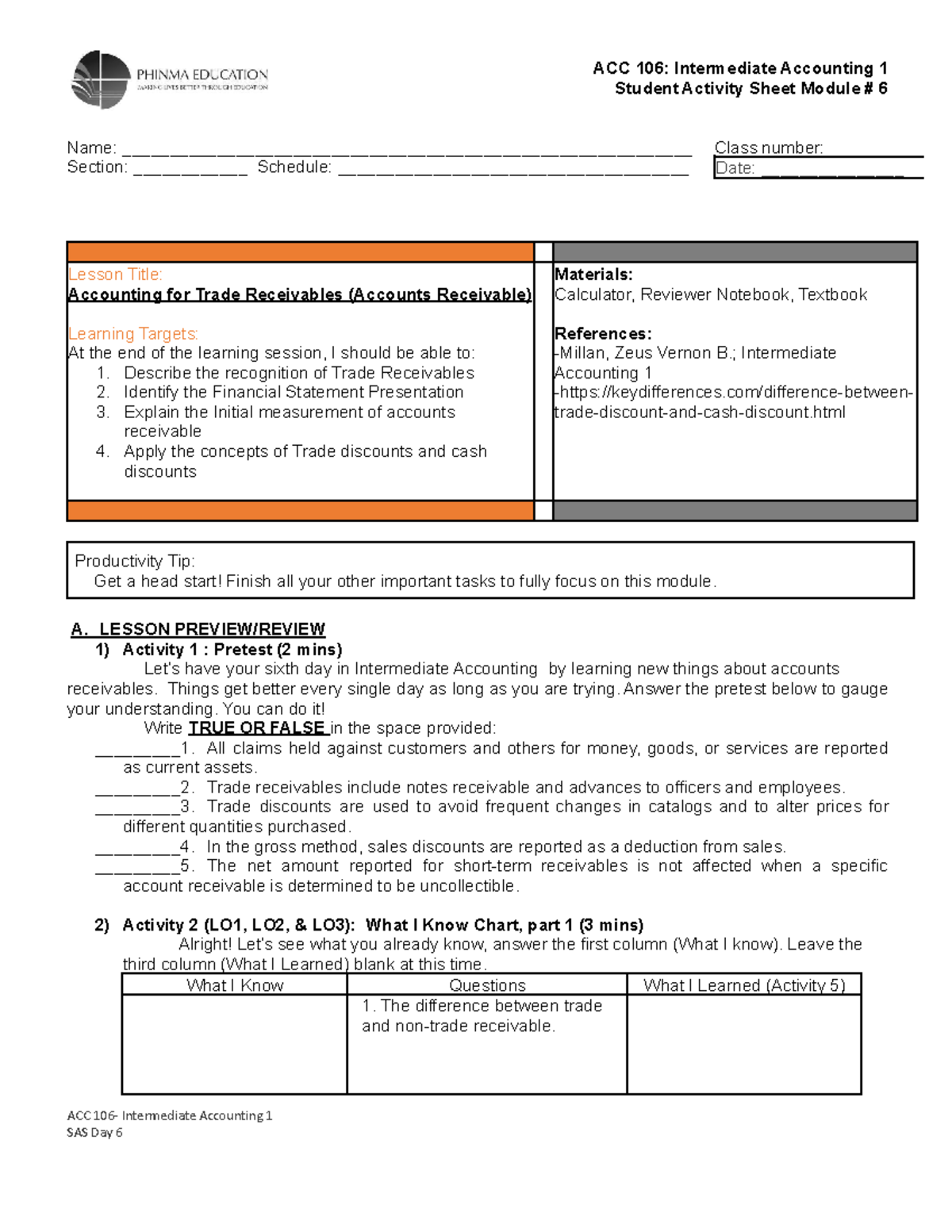 ACC-106 SAS 6 - Accounting for trade and receivables - Student Activity ...