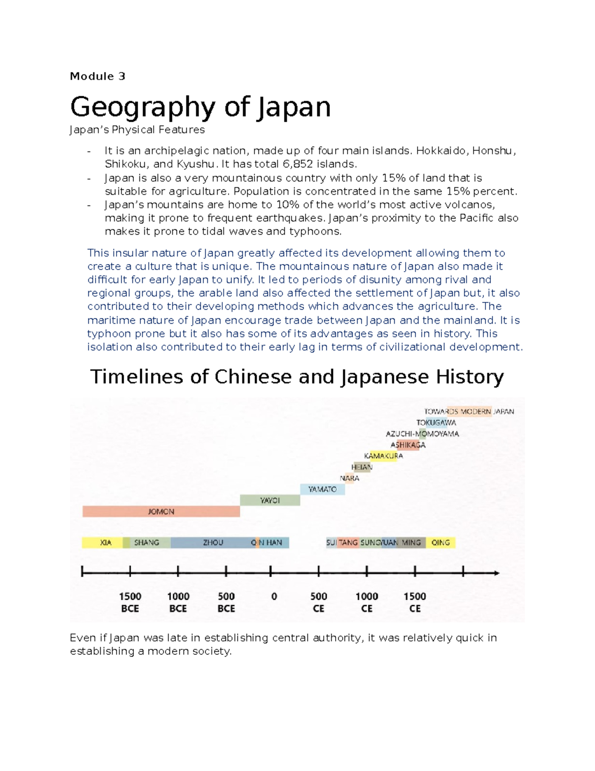 History of Japan (Notes) - Module 3 Geography of Japan Japan’s Physical ...