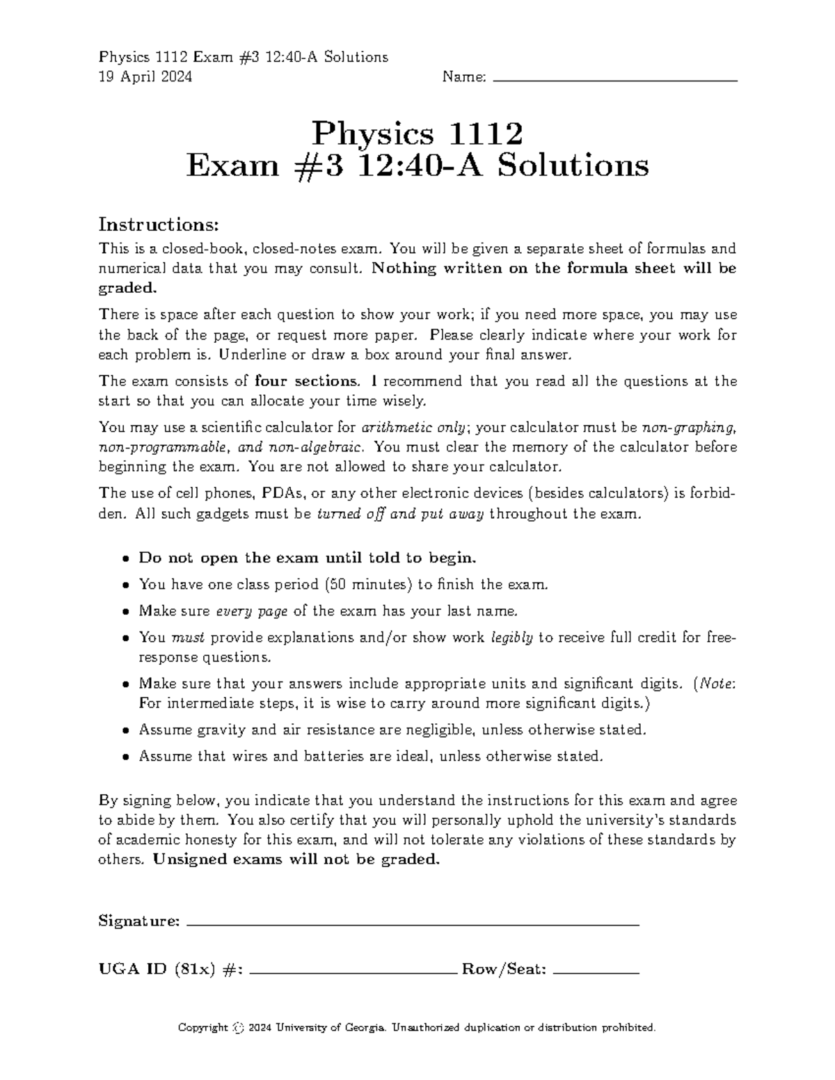 1112 Sp24 Exam3 P5 A solns - 19 April 2024 Name: Physics 1112 Exam #3 ...