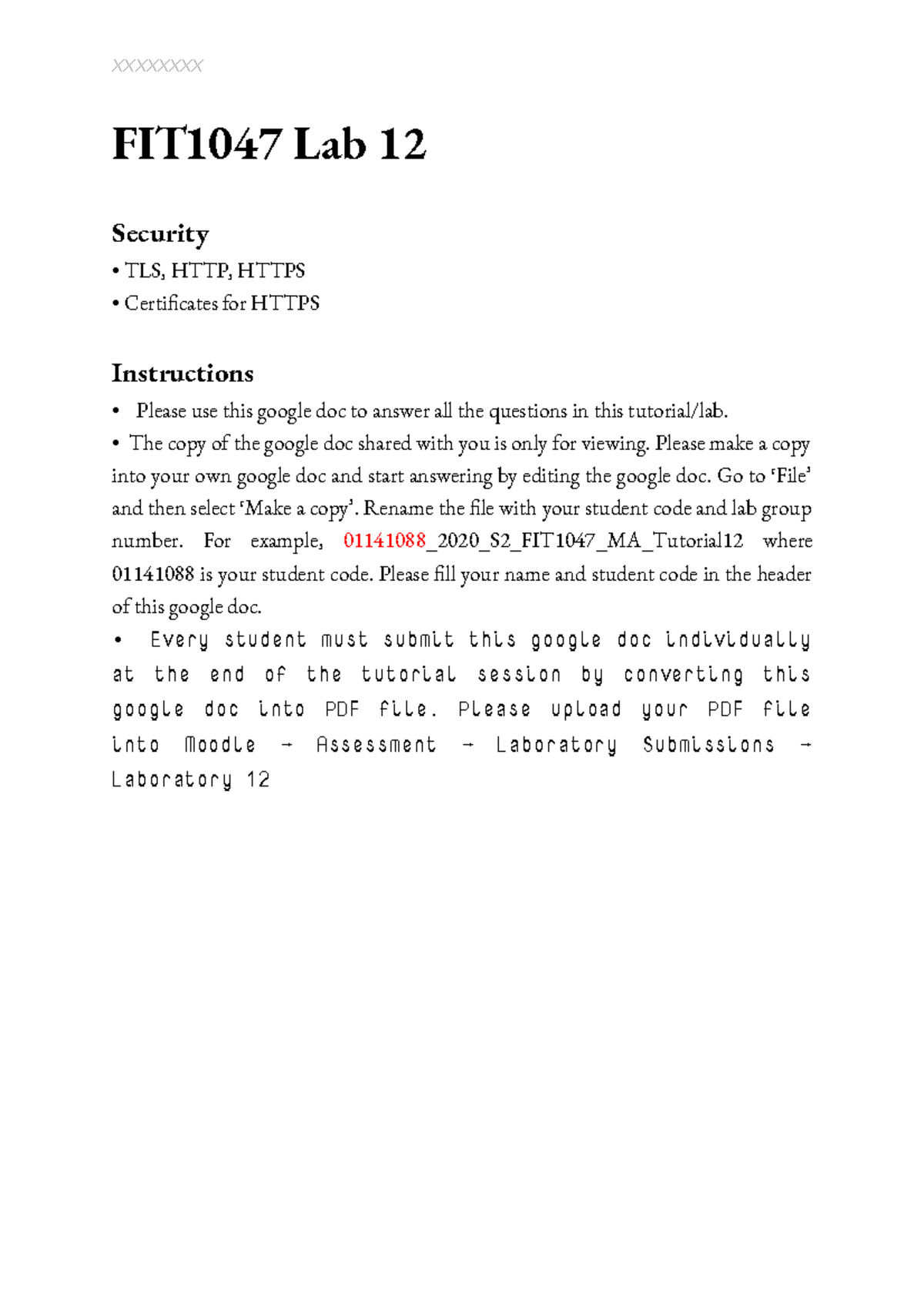 Student Code 2020 S2 FIT1047 MA Tutorial 12 Ans - FIT1047 Lab 12 Security • TLS, HTTP, HTTPS ...