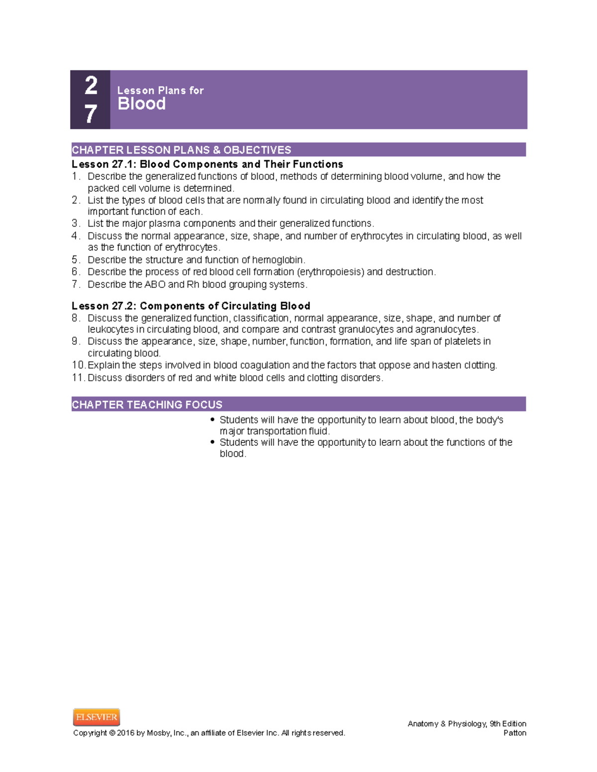 Chapter 027 - lab assignment - 2 7 Lesson Plans for Blood CHAPTER ...