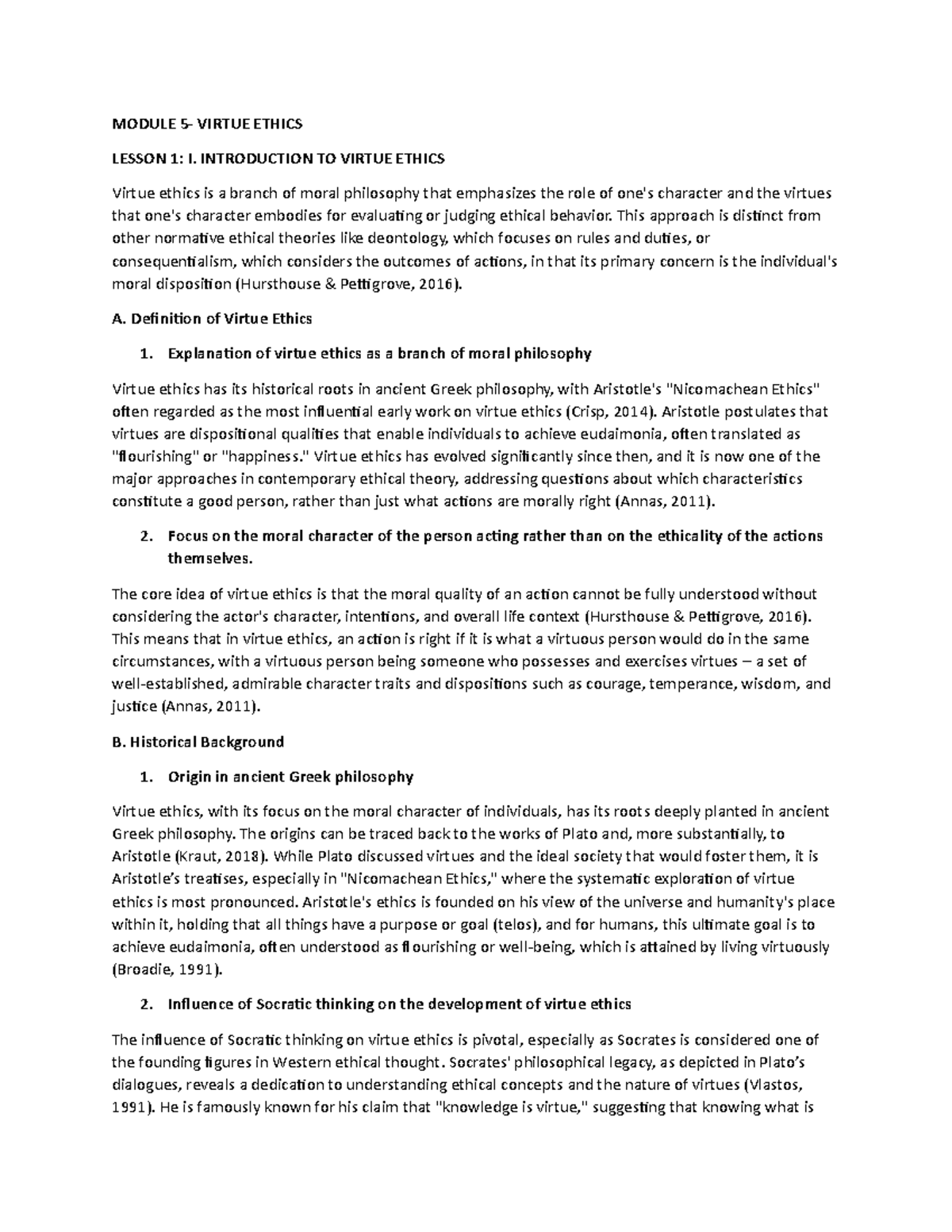Module 5- Notes - MODULE 5- VIRTUE ETHICS LESSON 1: I. INTRODUCTION TO ...