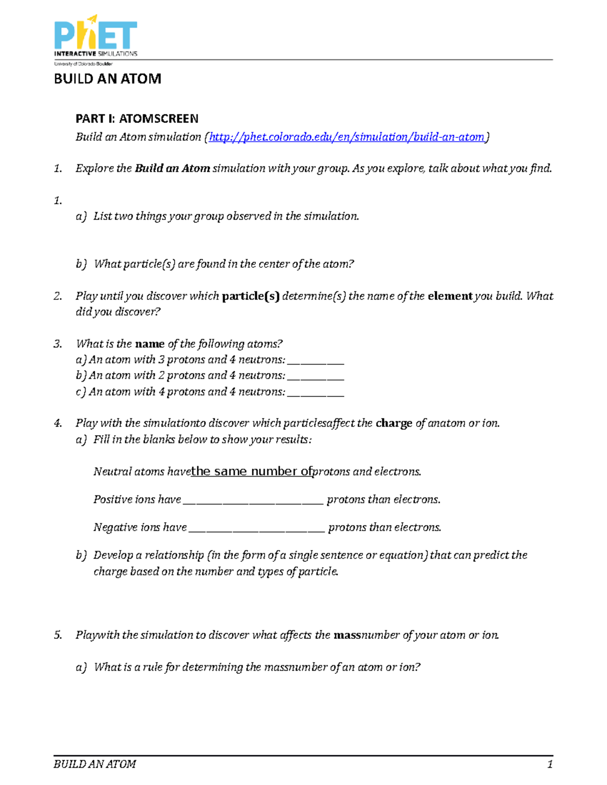 - PHET Build an atom - BUILD AN ATOM PART I: ATOMSCREEN Build an Atom ...