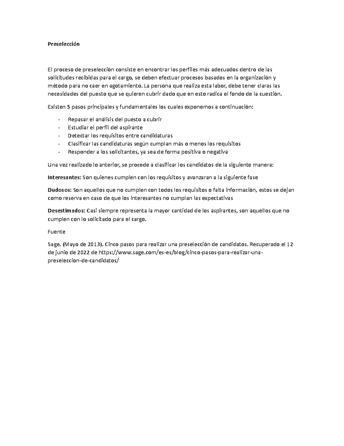 Preselección - Preselección El proceso de preselección consiste en ...