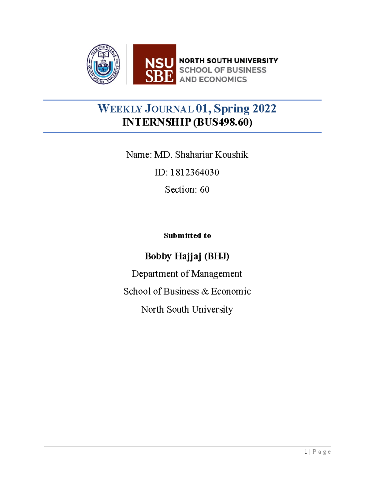 Weekly Journal 01 - WEEKLY JOURNAL 01, Spring 2022 INTERNSHIP (BUS498 ...